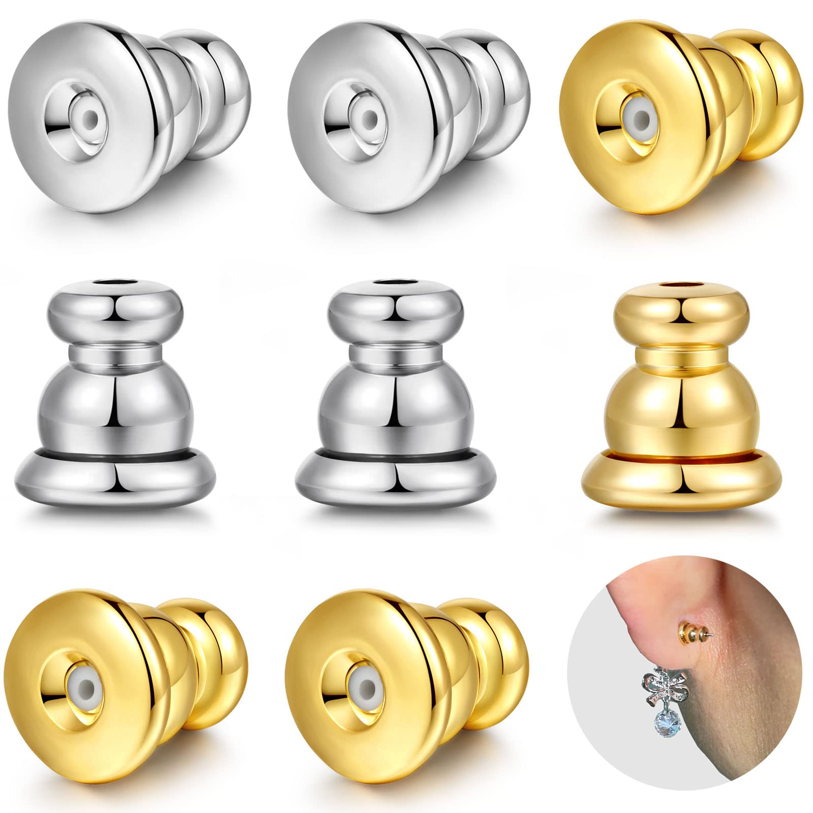 Moconar Locking Earring Backs for Studs, Hypoallergenic 18k Gold Bullet Earring Backs Replacements for Studs/Droopy Ears,Secure Comfort Locking Backing for Sensitive Ears,2 Pair Gold 2 Pair White Gold
