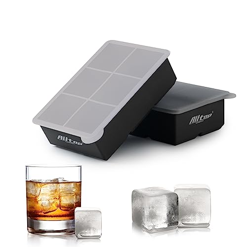 ALLTOP Large Square Ice Cube Trays,Giant Ice Block Maker with Lid for Whiskey, Cocktails,Reusable Silicone Mold, DIY, BPA Free,Freezer - 2 Packs,Black