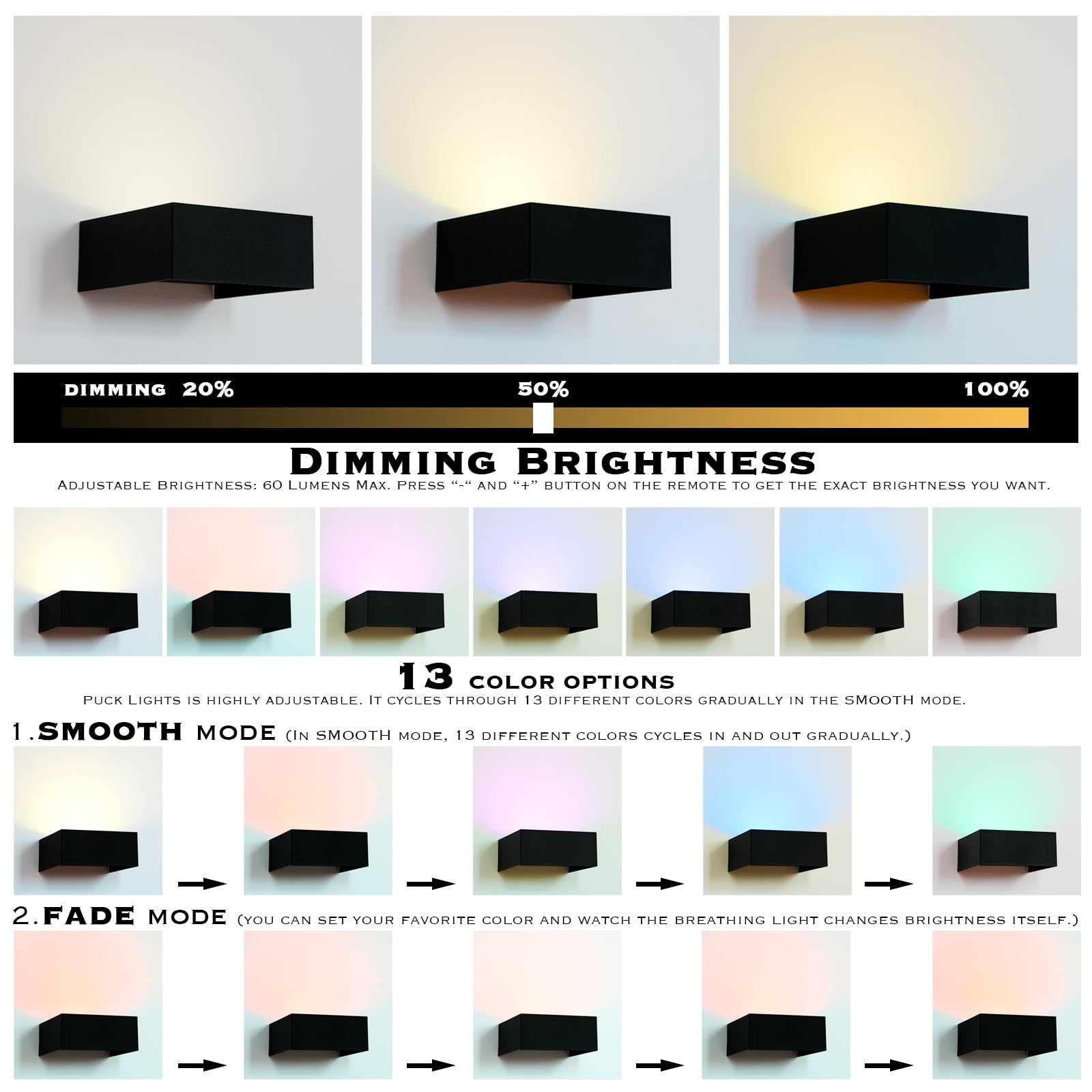 HEQIQEH Set of 2 Modern Style Battery Operated RGB Sconces, Indoor Up and Down LED Wall Lamp with Remote Control, Black Metal Dimmable Cordless Wall Lighting Fixtures for Corridor, Hallway, Galleries