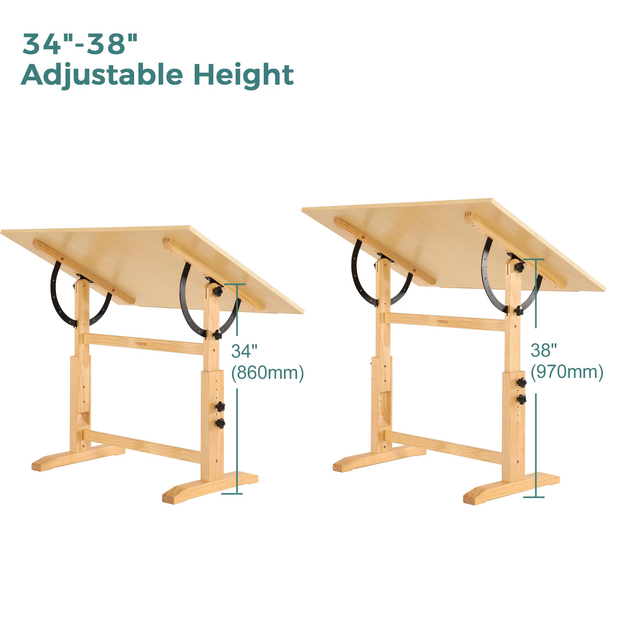 VISWIN 30" x 42" Extra-Large Artist Drafting Table, Adjustable Height & Angle, Solid Pine Wood Drawing Table, Art Table for Adults, Tilts Flat, Craft Table for Painting, Writing, Reading