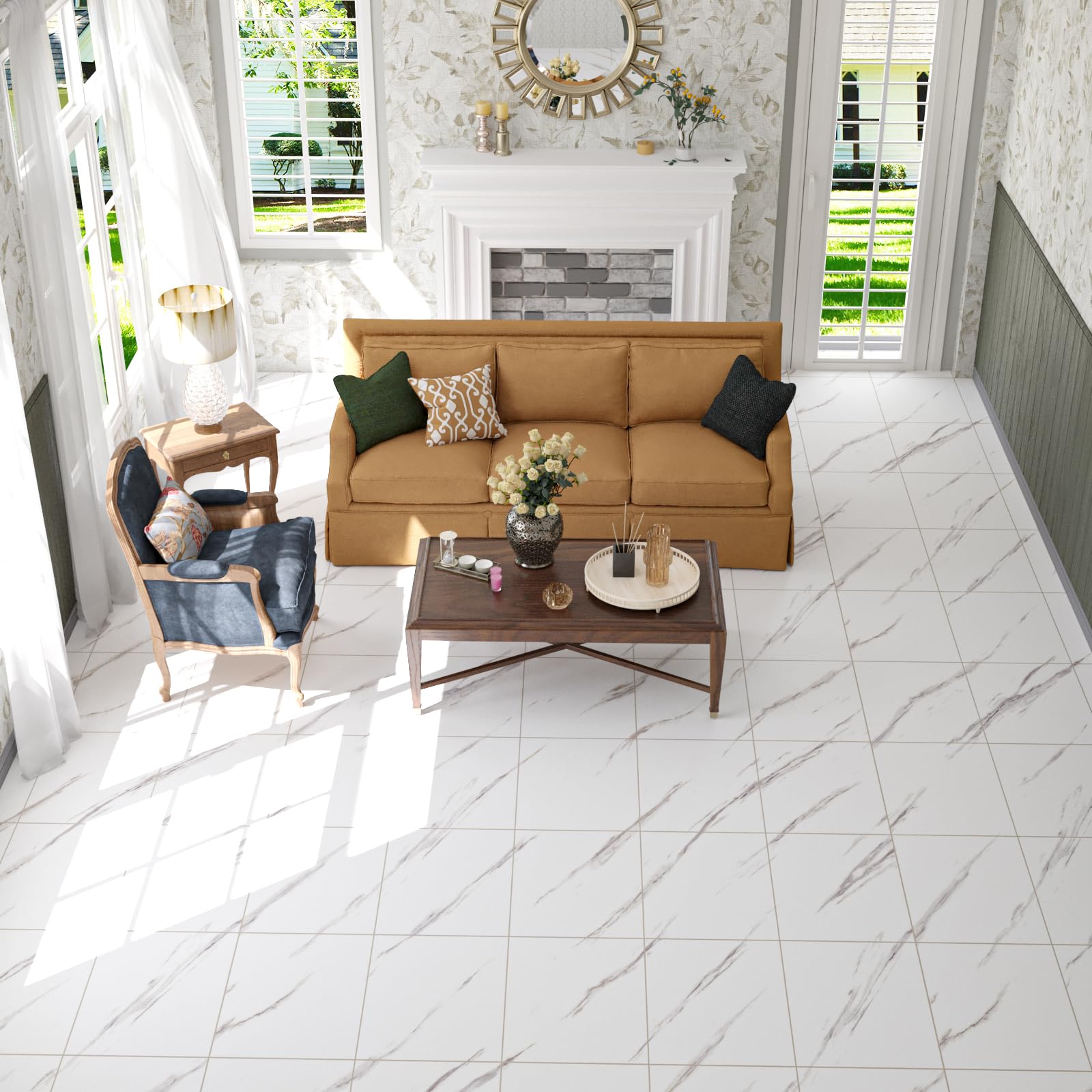 Oxdigi Vinyl Floor Tiles Peel and Stick 23"x 393"/64 Sq.Ft, Thicken Self Adhesive Vinyl Flooring Roll Marble Pattern Waterproof DIY Floor Coverings for Bathroom Living Room Kitchen, White Marble