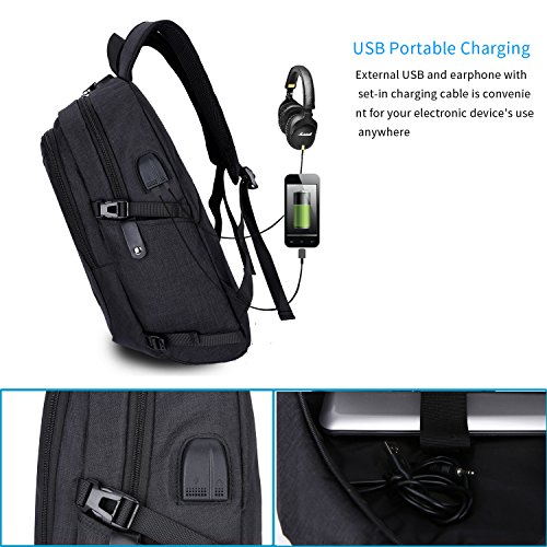 Travel Laptop Backpack,Anti Theft College School Bookbag with USB Charging Port & Headphone Interface for Women Men,Business Water Proof Computer Bag Fits Under 15.6 Inches Laptops(Black)