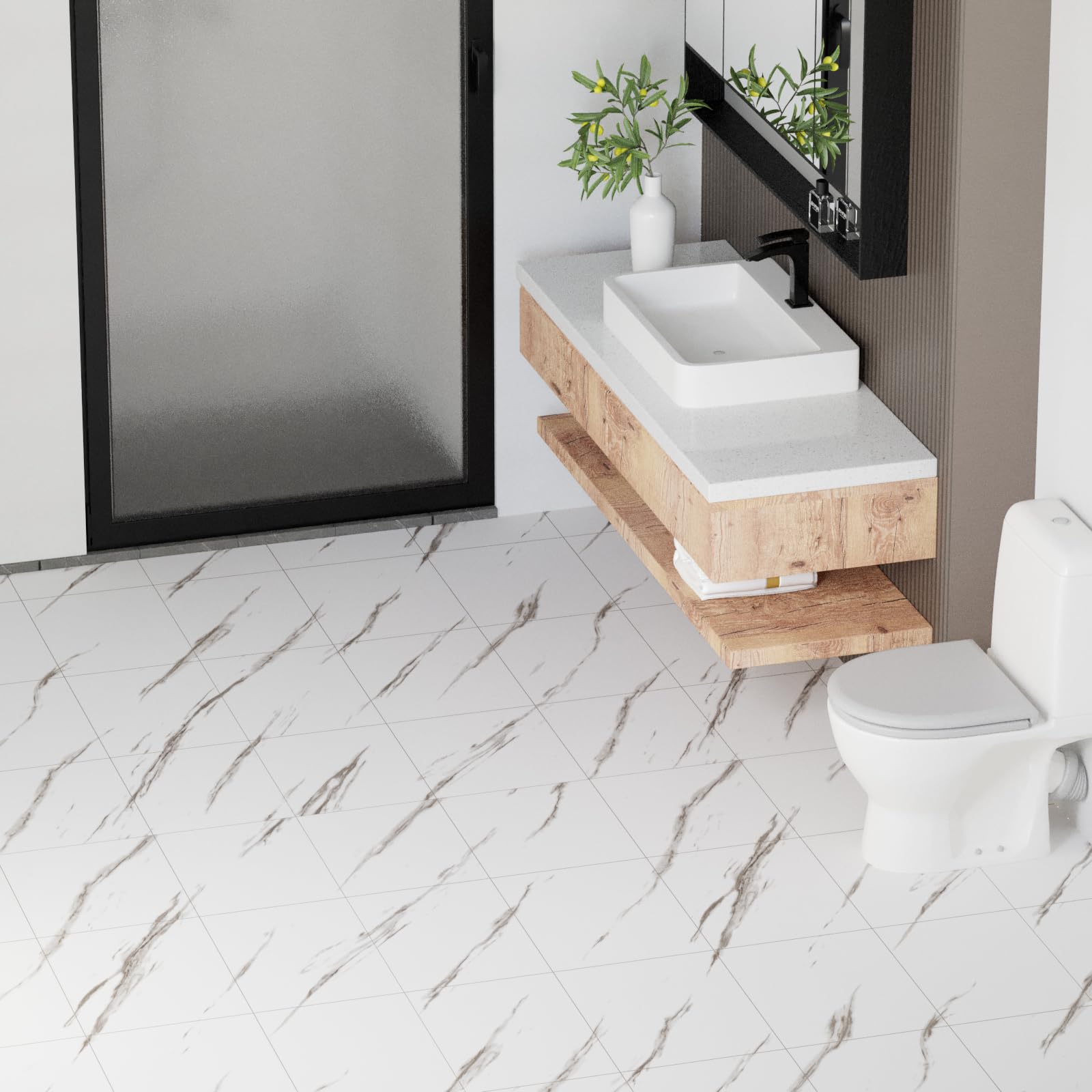 Oxdigi Vinyl Floor Tiles Peel and Stick 23"x 393"/64 Sq.Ft, Thicken Self Adhesive Vinyl Flooring Roll Marble Pattern Waterproof DIY Floor Coverings for Bathroom Living Room Kitchen, White Marble