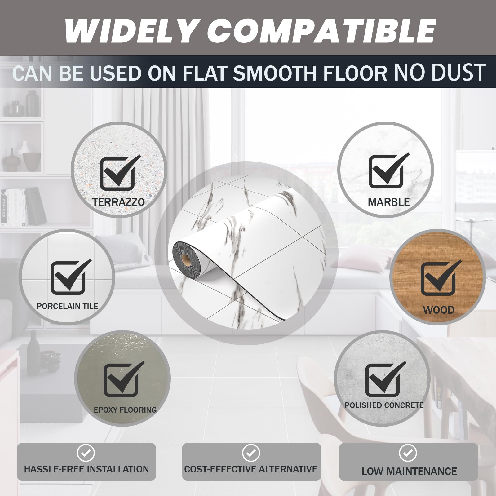 Oxdigi Vinyl Floor Tiles Peel and Stick 23"x 393"/64 Sq.Ft, Thicken Self Adhesive Vinyl Flooring Roll Marble Pattern Waterproof DIY Floor Coverings for Bathroom Living Room Kitchen, White Marble