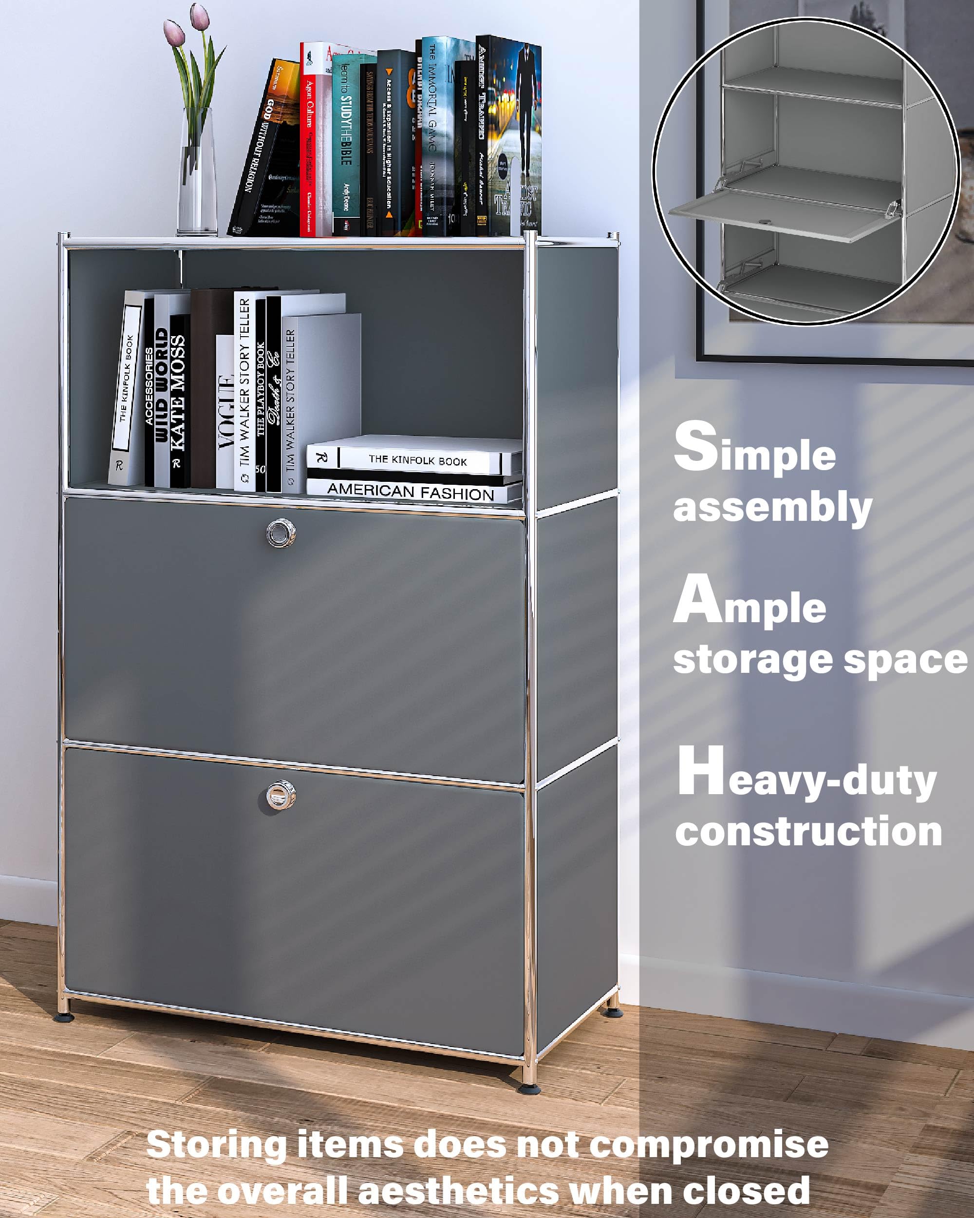 Simplink Metal Shelf with 2 Flap Doors, Large Capacity Cabinet,DIY Modern Home Furnishing,Perfect for Home, Office, Kitchen, Hallway,Foyer (Grey)
