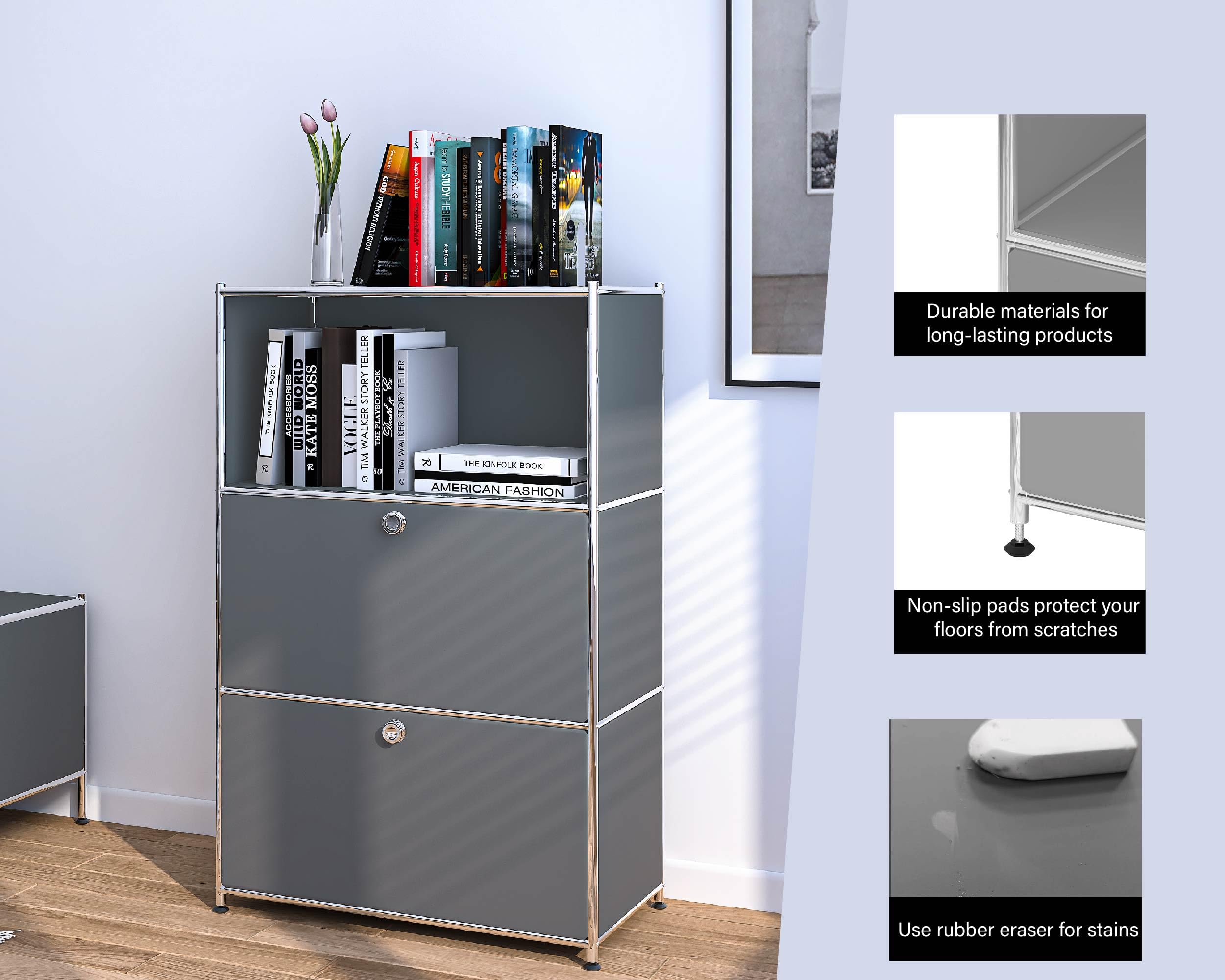 Simplink Metal Shelf with 2 Flap Doors, Large Capacity Cabinet,DIY Modern Home Furnishing,Perfect for Home, Office, Kitchen, Hallway,Foyer (Grey)