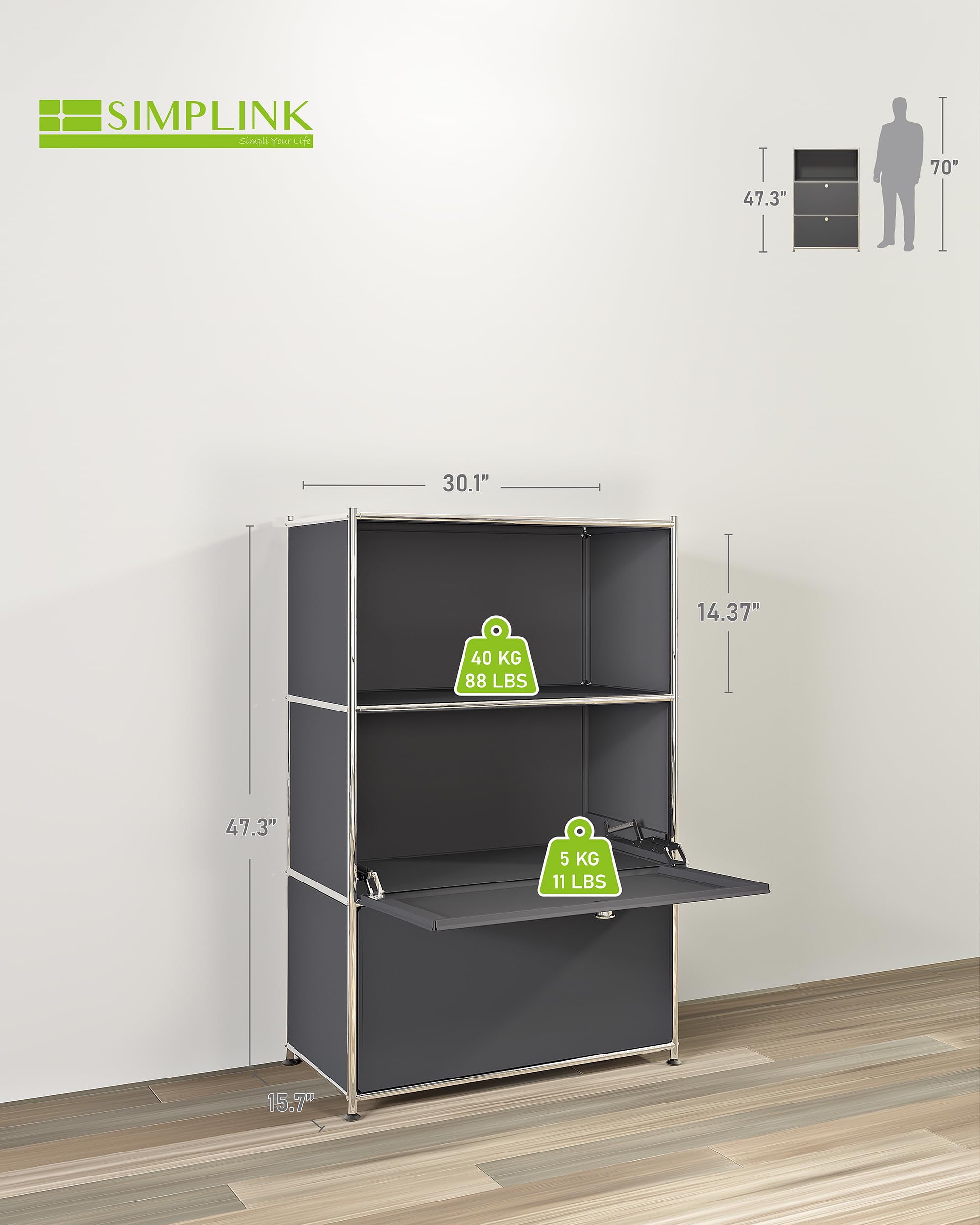 Simplink Metal Shelf with 2 Flap Doors, Large Capacity Cabinet,DIY Modern Home Furnishing,Perfect for Home, Office, Kitchen, Hallway,Foyer (Grey)