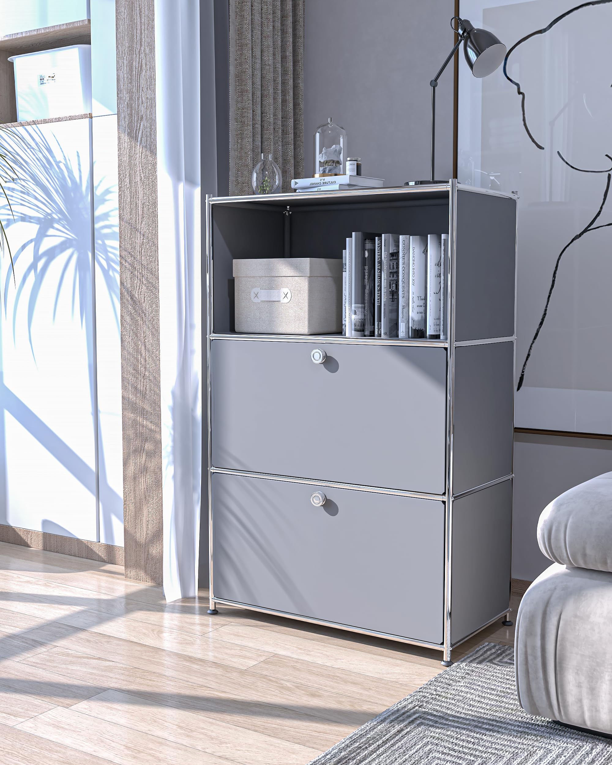 Simplink Metal Shelf with 2 Flap Doors, Large Capacity Cabinet,DIY Modern Home Furnishing,Perfect for Home, Office, Kitchen, Hallway,Foyer (Grey)
