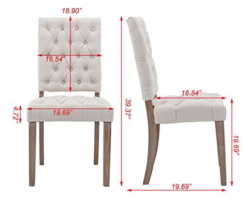 TRIPLE TREE High Back Dining Chairs Set of 2,Linen Fabric Accent Dining Chairs with Wooden Legs and Padded Seat,Upholstered Button Tufted Armless Chair Side Chair for Kitchen & Dining Room,Beige