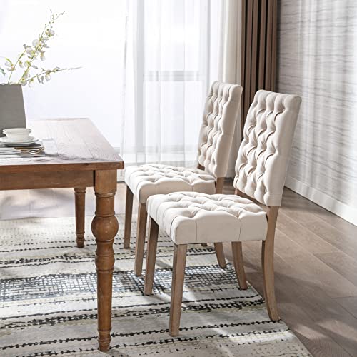 TRIPLE TREE High Back Dining Chairs Set of 2,Linen Fabric Accent Dining Chairs with Wooden Legs and Padded Seat,Upholstered Button Tufted Armless Chair Side Chair for Kitchen & Dining Room,Beige
