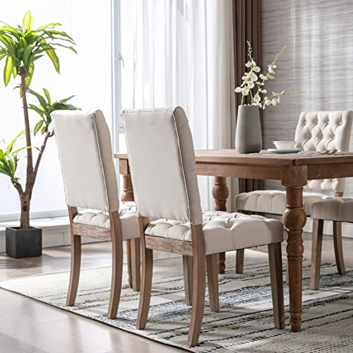 TRIPLE TREE High Back Dining Chairs Set of 2,Linen Fabric Accent Dining Chairs with Wooden Legs and Padded Seat,Upholstered Button Tufted Armless Chair Side Chair for Kitchen & Dining Room,Beige
