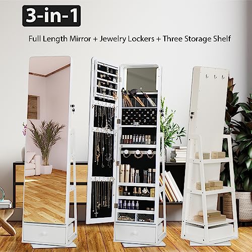 MASMIRE 360 Swivel Full Length Mirror With Storage & Built-In Light, 63.7'H Mirror Jewelry Cabinet Standing With 3 Drawers - Lockable Jewelry Armoire With 3 Storage Racks - White