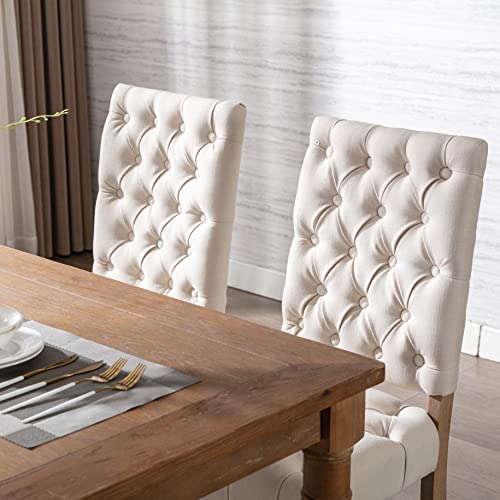 TRIPLE TREE High Back Dining Chairs Set of 2,Linen Fabric Accent Dining Chairs with Wooden Legs and Padded Seat,Upholstered Button Tufted Armless Chair Side Chair for Kitchen & Dining Room,Beige