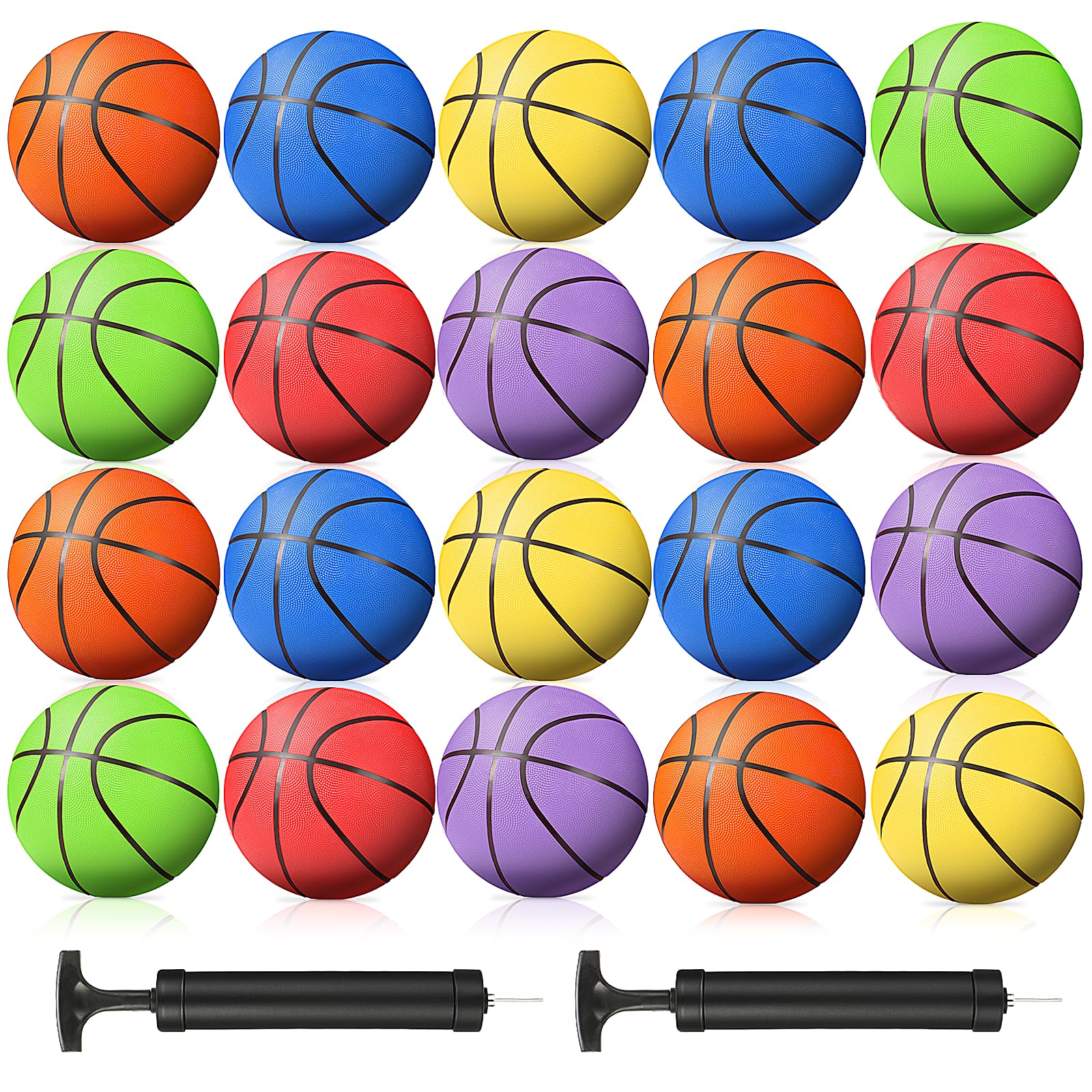 Lenwen 20 Pcs Rubber Basketballs Bulk Outdoor Indoor Official Size with Pump Set for Youth Boys PE Training Practice Games Match, 6 Colors(29.5 Inch)