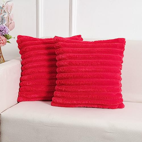 wyooxoo Pack of 2 Double-Side Faux Fur Plush Throw Pillow Covers 18x18 Soft Fluffy Striped Decorative Pillow Covers for Couch Sofa Bed Living Room (18"x18", Red)