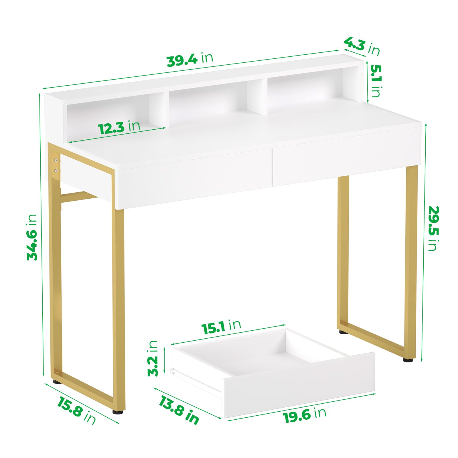 GreenForest Vanity Desk with 2 Drawers, White Makeup Desk with 3 Storage Spaces, 40 inch Small Desk with Gold Metal Legs, Modern Home Office Desk for Kids, Bedroom (No Mirror)