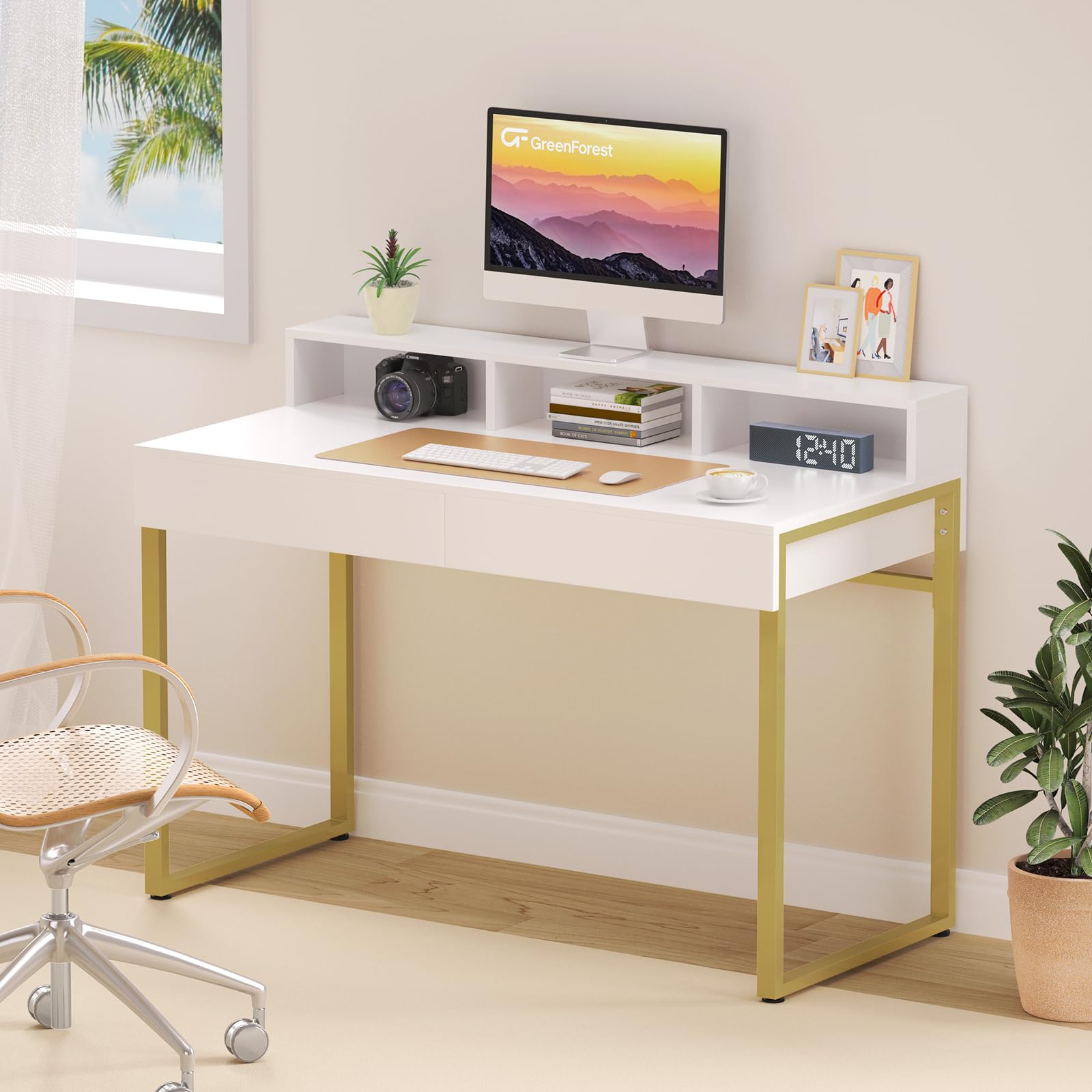 GreenForest Vanity Desk with 2 Drawers, White Makeup Desk with 3 Storage Spaces, 40 inch Small Desk with Gold Metal Legs, Modern Home Office Desk for Kids, Bedroom (No Mirror)