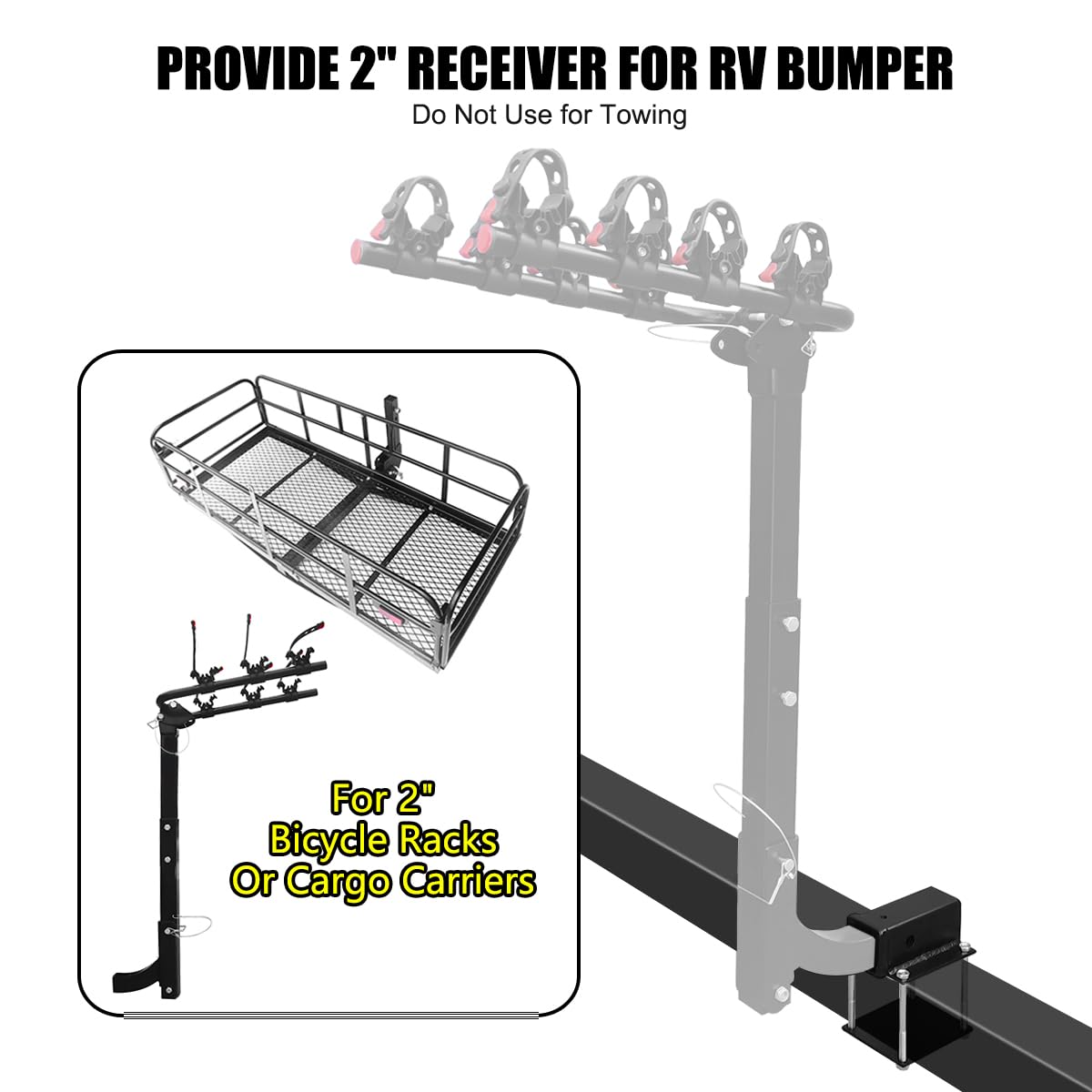 KAIRAY Bolt-on RV Bumper Hitch Receiver Adapter for 4-4.5'' Beams，2'' Receiver with Hith Pin & Hitch Cover, Trailer Rear Bumper for Camper Bike Racks Cargo Carriers
