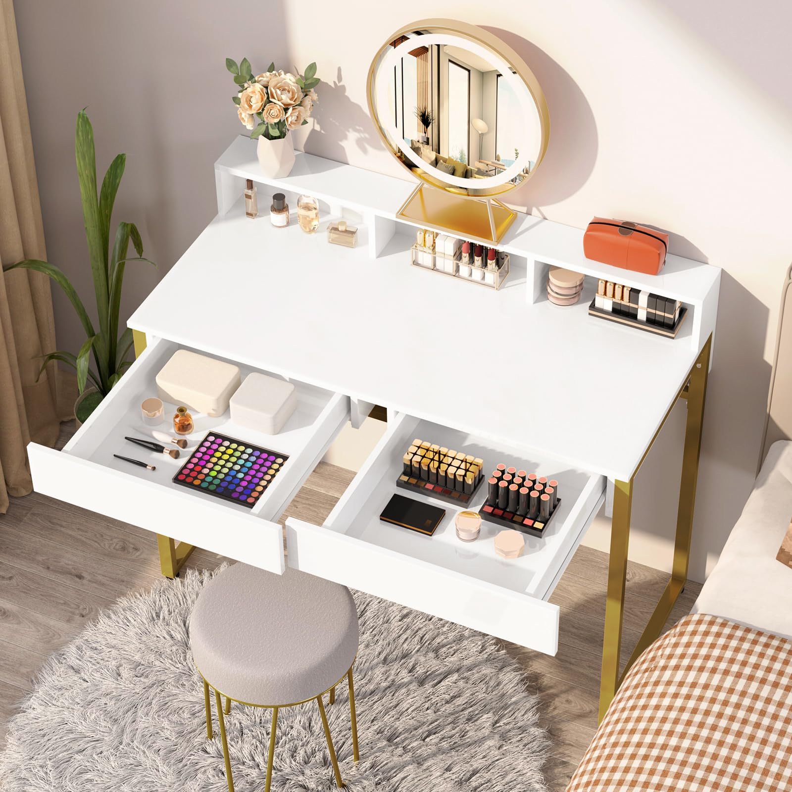 GreenForest Vanity Desk with 2 Drawers, White Makeup Desk with 3 Storage Spaces, 40 inch Small Desk with Gold Metal Legs, Modern Home Office Desk for Kids, Bedroom (No Mirror)