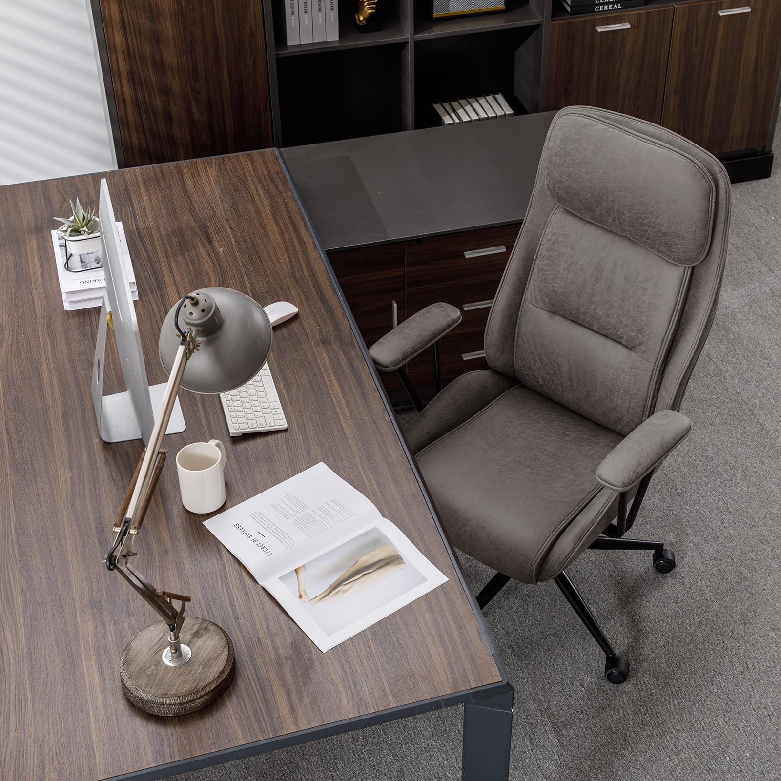 BOWTHY Modern Leather Office Chair,Ergonomic Home Office Desk Chair with Lumbar Support,High Back Swivel Rolling Task Computer Executive Chair,Comfy Conference Room Chairs,330lbs (Grey)