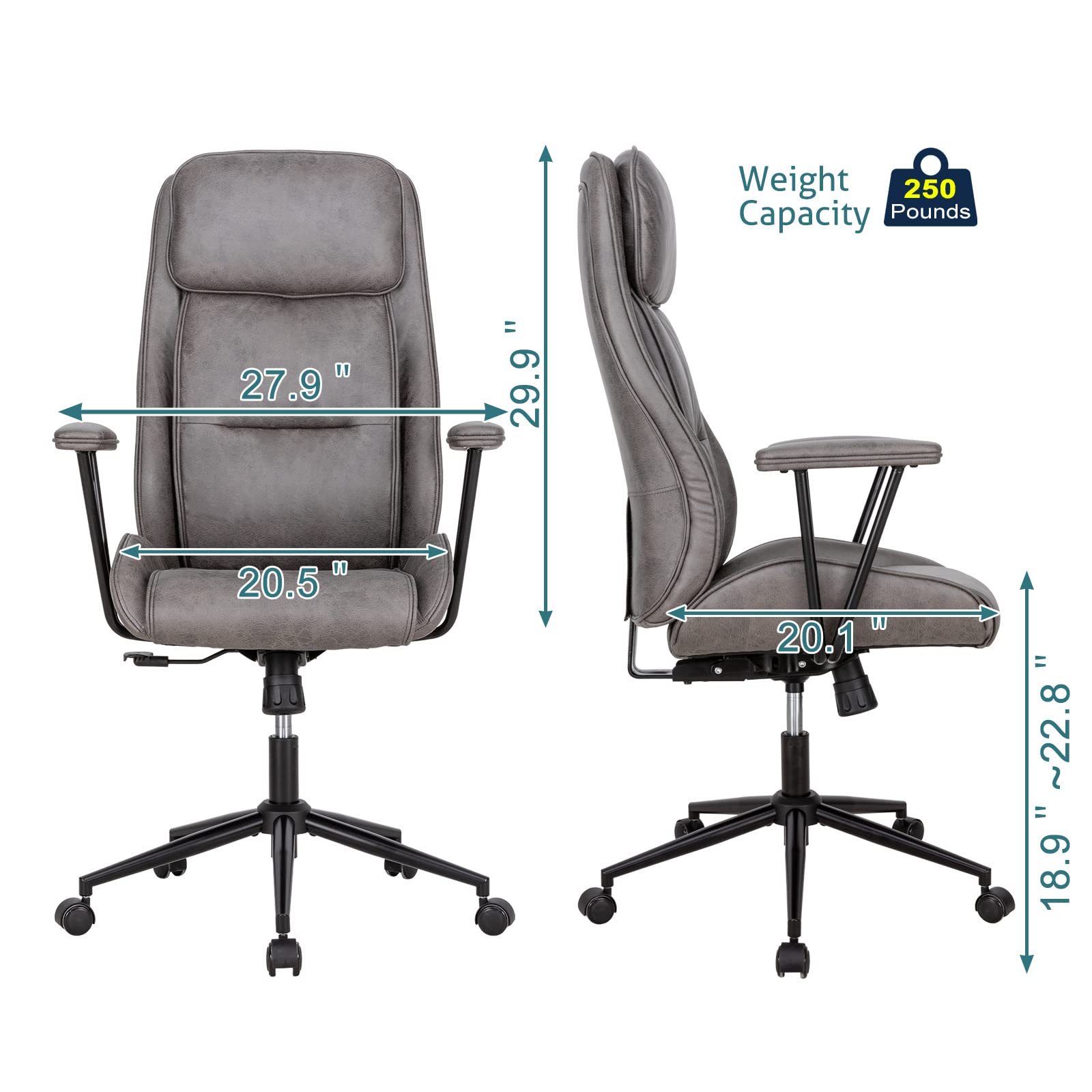 BOWTHY Modern Leather Office Chair,Ergonomic Home Office Desk Chair with Lumbar Support,High Back Swivel Rolling Task Computer Executive Chair,Comfy Conference Room Chairs,330lbs (Grey)