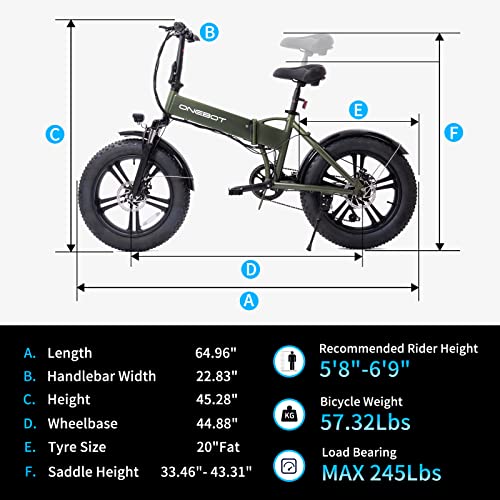 ONEBOT T6F Electric Bike Foldable 20" X 4.0" Fat Tire Electric Bicycle with 350W Motor, 48V 10.5AH Removable Battery Ebike Rear Motor with 6 Speed Gear
