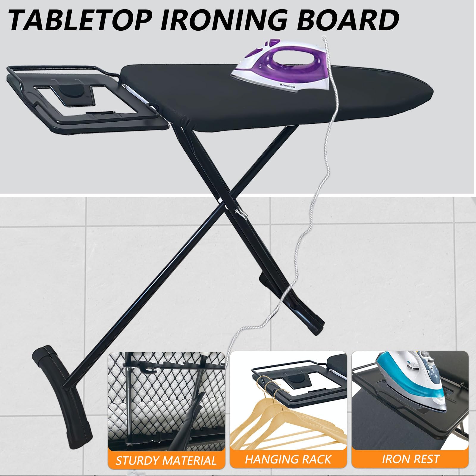 ikaufen Ironing Board, Non-Slip Foldable Tabletop Iron Board with Steam Iron Rest and Thicken Felt Pad, Heavy Sturdy Metal X-Legs Ironing Board (Black)