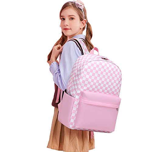 Sunborls Teen Girls Large Capacity Bookbags Backpack with Lunch Box and Pencil Case 3pcs Back To School Backpacks Gift(Plaid Pink)