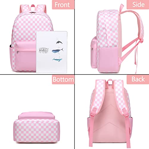 Sunborls Teen Girls Large Capacity Bookbags Backpack with Lunch Box and Pencil Case 3pcs Back To School Backpacks Gift(Plaid Pink)