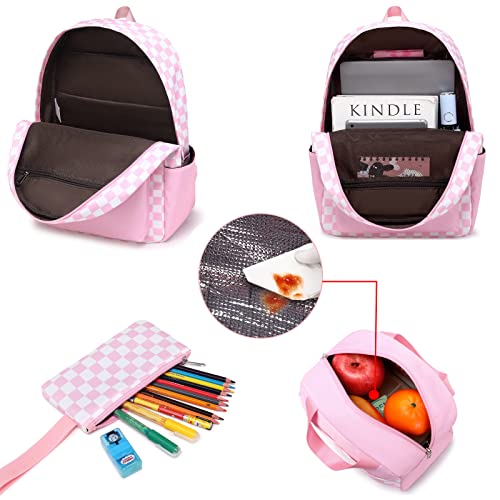 Sunborls Teen Girls Large Capacity Bookbags Backpack with Lunch Box and Pencil Case 3pcs Back To School Backpacks Gift(Plaid Pink)