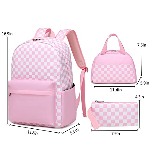 Sunborls Teen Girls Large Capacity Bookbags Backpack with Lunch Box and Pencil Case 3pcs Back To School Backpacks Gift(Plaid Pink)