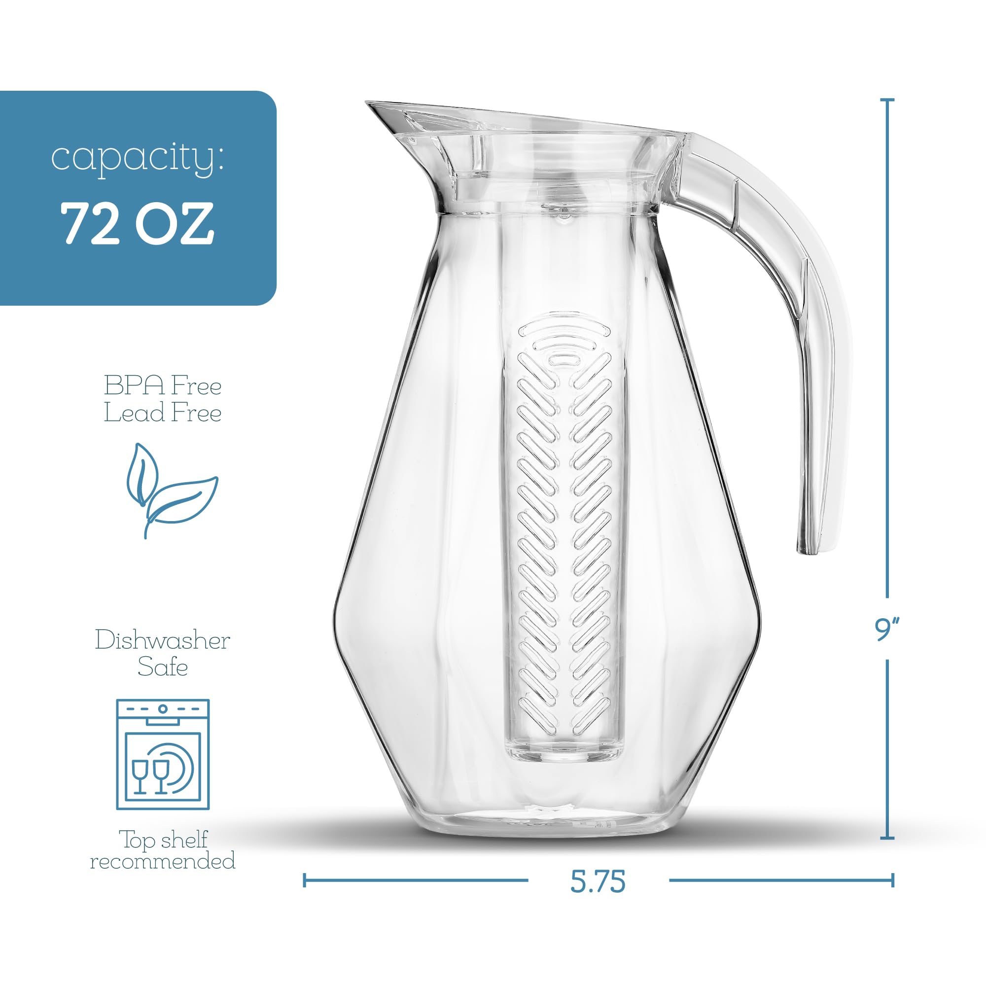 MosJos Acrylic Pitcher (72 oz), Clear Plastic, Water Pitcher with Lid, Shatterproof, BPA-Free Clear Pitcher, Ideal for Sangria, Lemonade, Juice, Iced Tea & More (Infuser- Acrylic Pitcher)