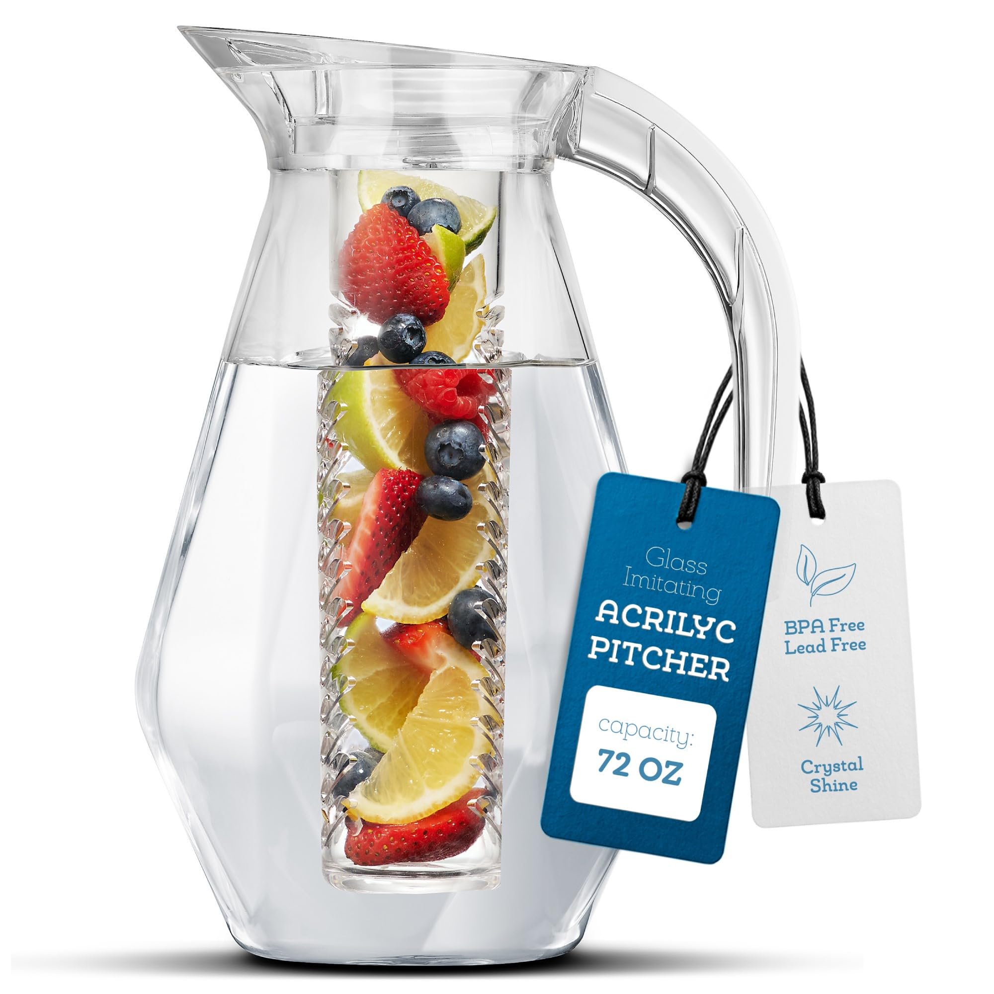 MosJos Acrylic Pitcher (72 oz), Clear Plastic, Water Pitcher with Lid, Shatterproof, BPA-Free Clear Pitcher, Ideal for Sangria, Lemonade, Juice, Iced Tea & More (Infuser- Acrylic Pitcher)