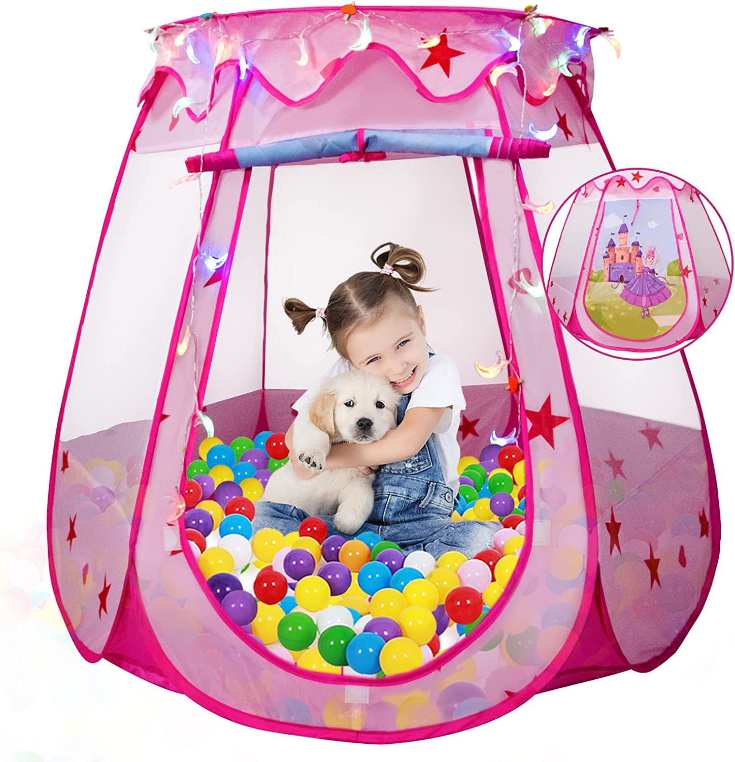 Pricess Tent, Kids Pop Up Tent with Star Light and Clip, Foldable Kids Princess Castle Playhouse Tent Indoor for Girls,Pink Indoor Outdoor 1 2 3 Year Old Girls Toy Gift for Birthday/Christmas