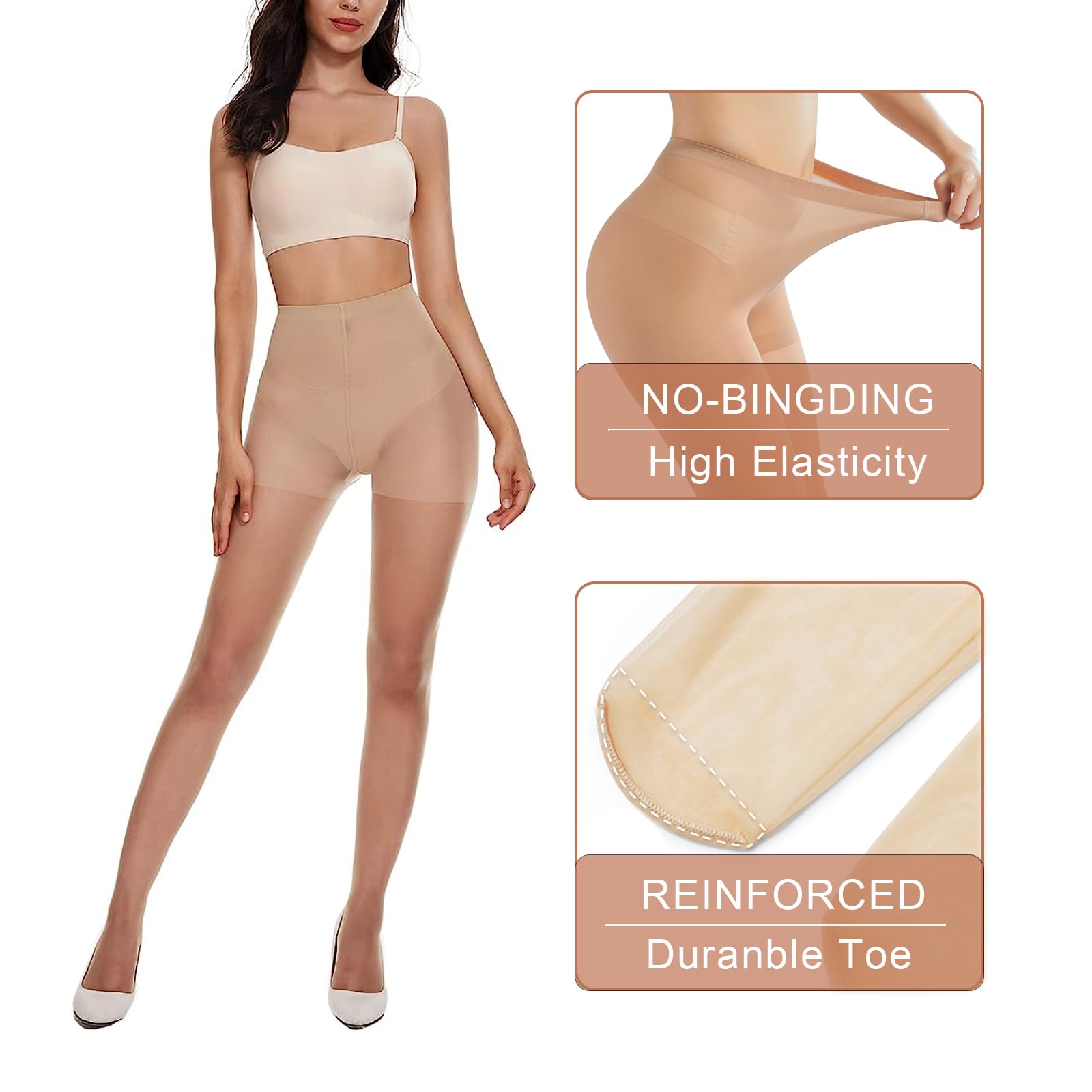 Weziarer 2 Pairs Women's Control Top Pantyhose - 20D Sheer Tights with Reinforced Toes-NUDE-M