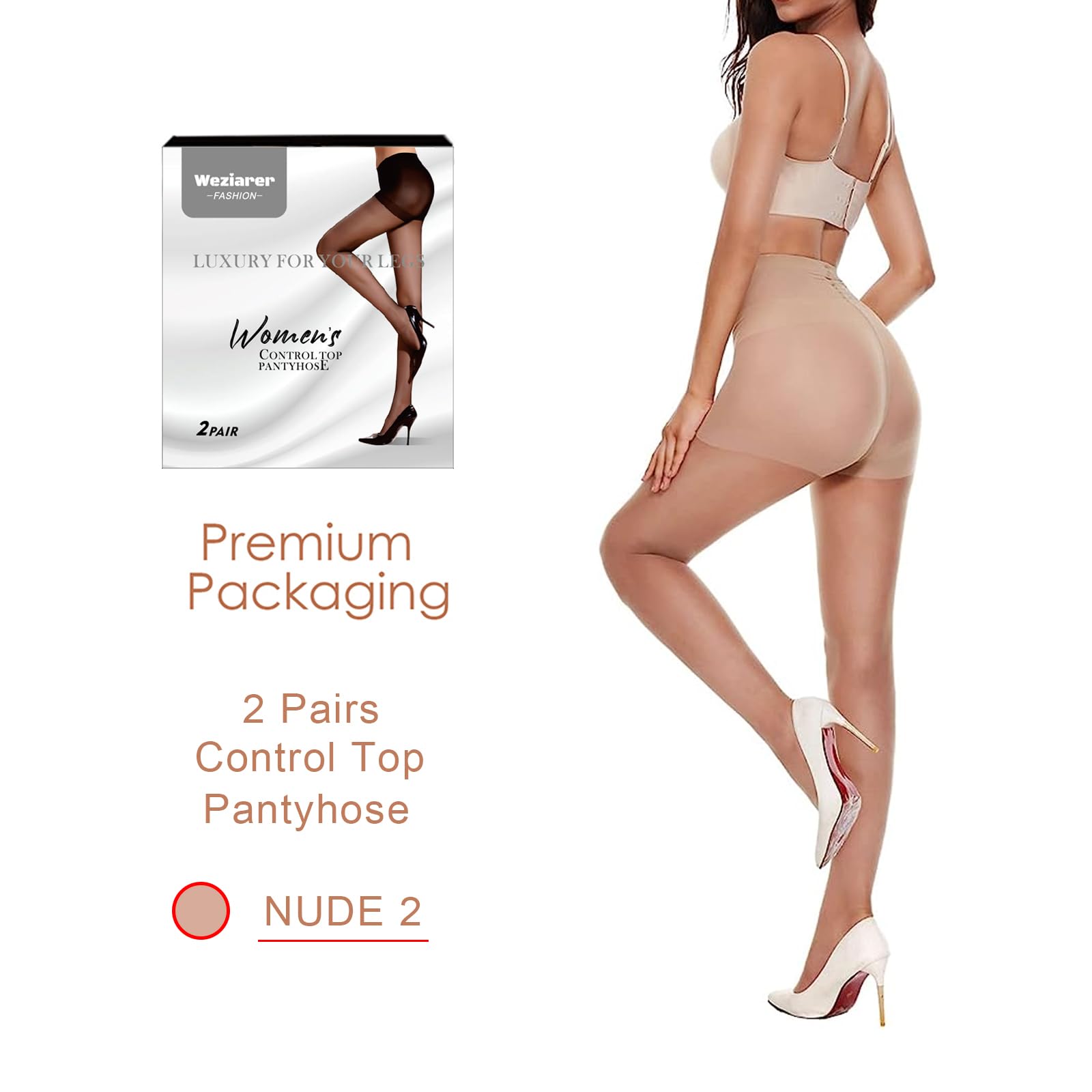 Weziarer 2 Pairs Women's Control Top Pantyhose - 20D Sheer Tights with Reinforced Toes-NUDE-M