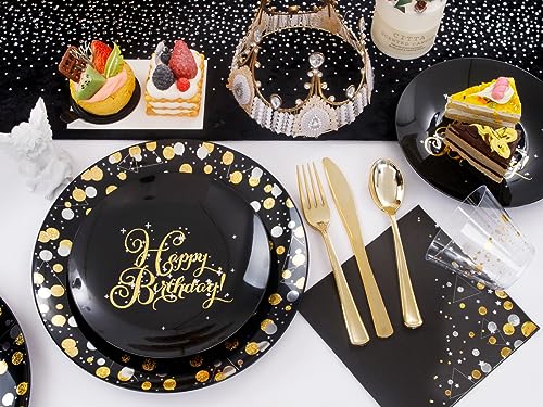 Nervure 175PCS Happy Birthday Plates - Black Plastic Plates with Gold & Silver Dot Include 25 Dinner Plates, 25 Dessert Plates, 75 Plastic Silverware, 25 Cups, 25 Napkins for Birthday & Party