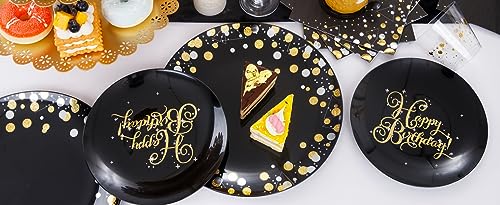 Nervure 175PCS Happy Birthday Plates - Black Plastic Plates with Gold & Silver Dot Include 25 Dinner Plates, 25 Dessert Plates, 75 Plastic Silverware, 25 Cups, 25 Napkins for Birthday & Party