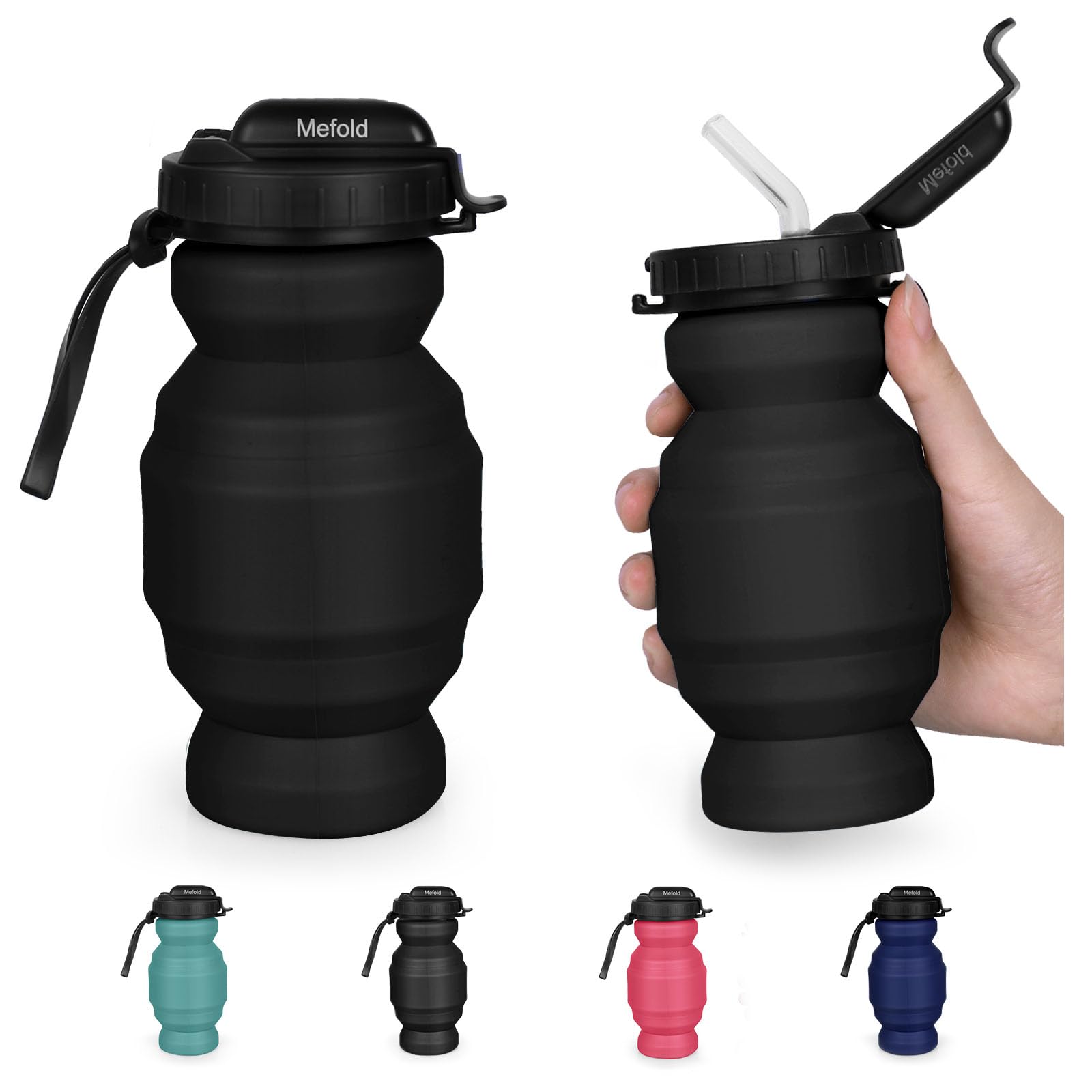 Mefold Water Bottles Collapse Silicone Durable Leak Proof Straw,Foldable Medical Grade BPA-Free,11oz Lightweight bottles for Kids Travel, Portable, Cycling, Hiking, Sports, Gym, Camping 320ML