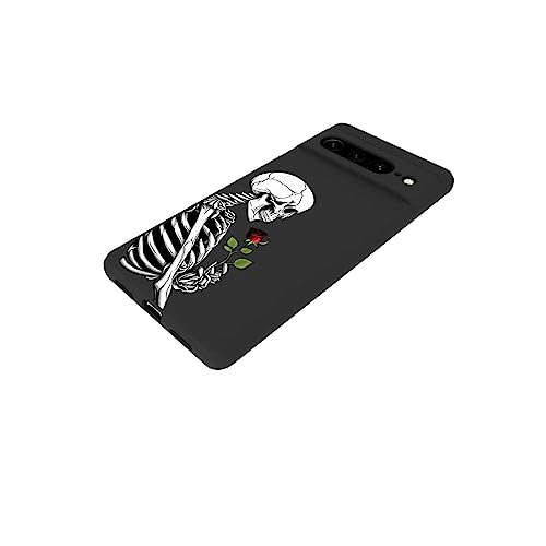 Compatible with Google Pixel 7 Pro Skull Case, Death Skull Skeleton Hold a Rose Pattern for Google Case Men Women, Soft Silicone Shockproof Case for Google