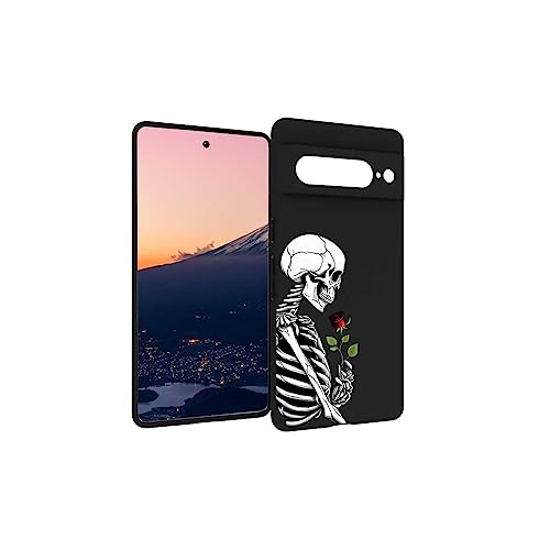 Compatible with Google Pixel 7 Pro Skull Case, Death Skull Skeleton Hold a Rose Pattern for Google Case Men Women, Soft Silicone Shockproof Case for Google