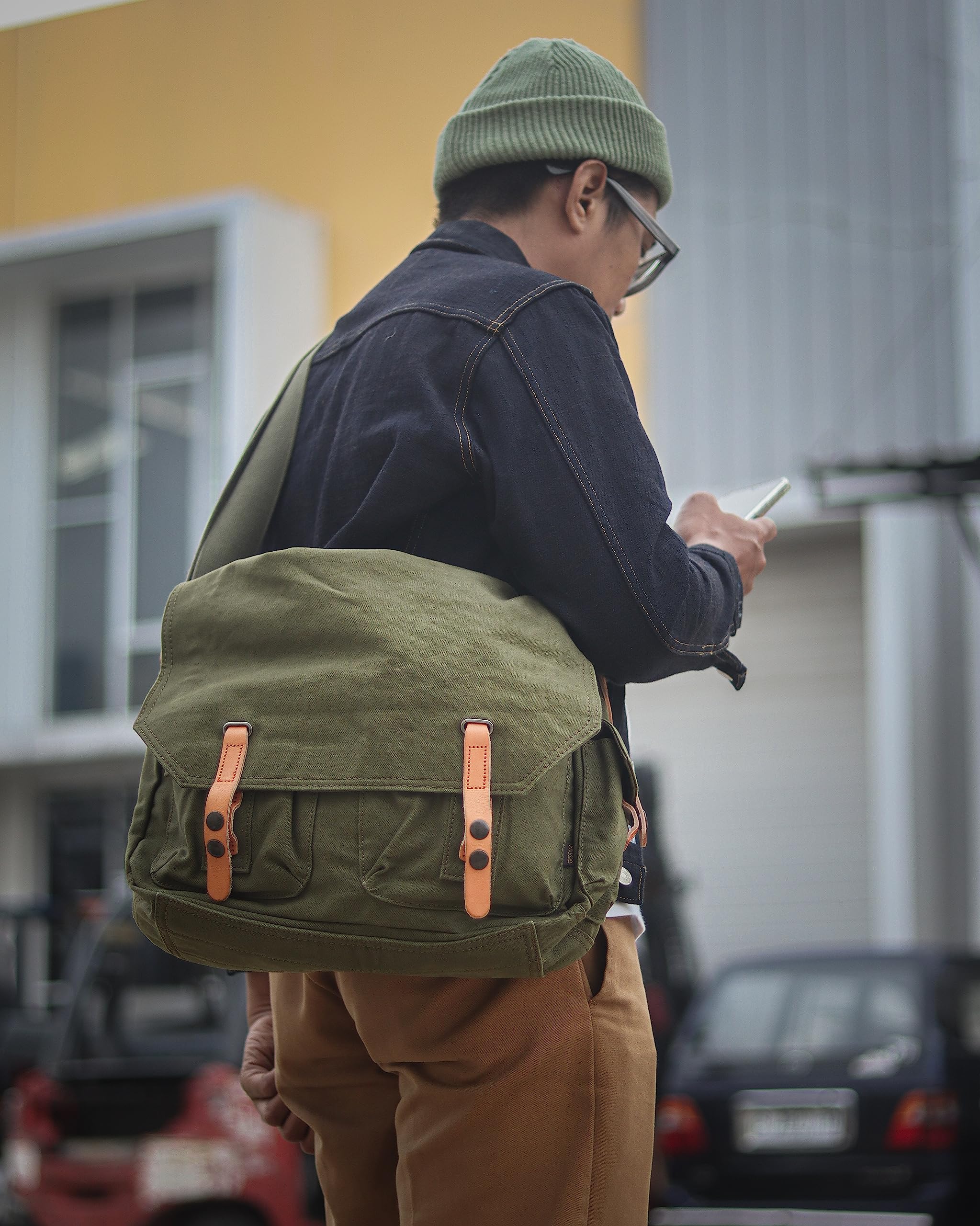 Gootium Canvas Messenger Bag - Vintage Shoulder Bag 16" Laptop Sleeve Bag Courier Style Purse Crossbody Campus Work Bag, Olive