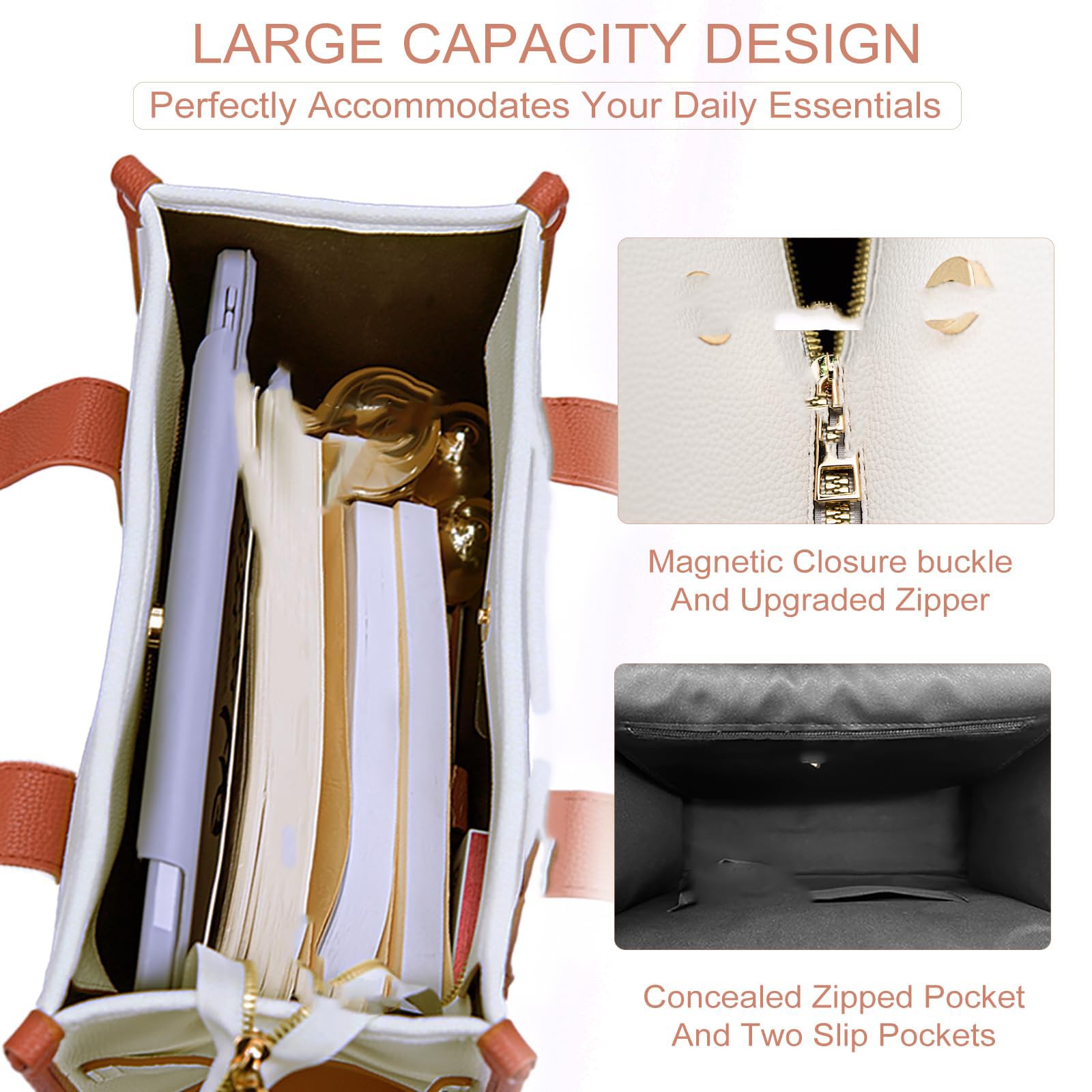 MUMEE Tote Bag For Women, The Leather Tote Bag with Zipper Shoulder Crossbody Handheld Bag for Work Office Travel (WhiteBrownA)