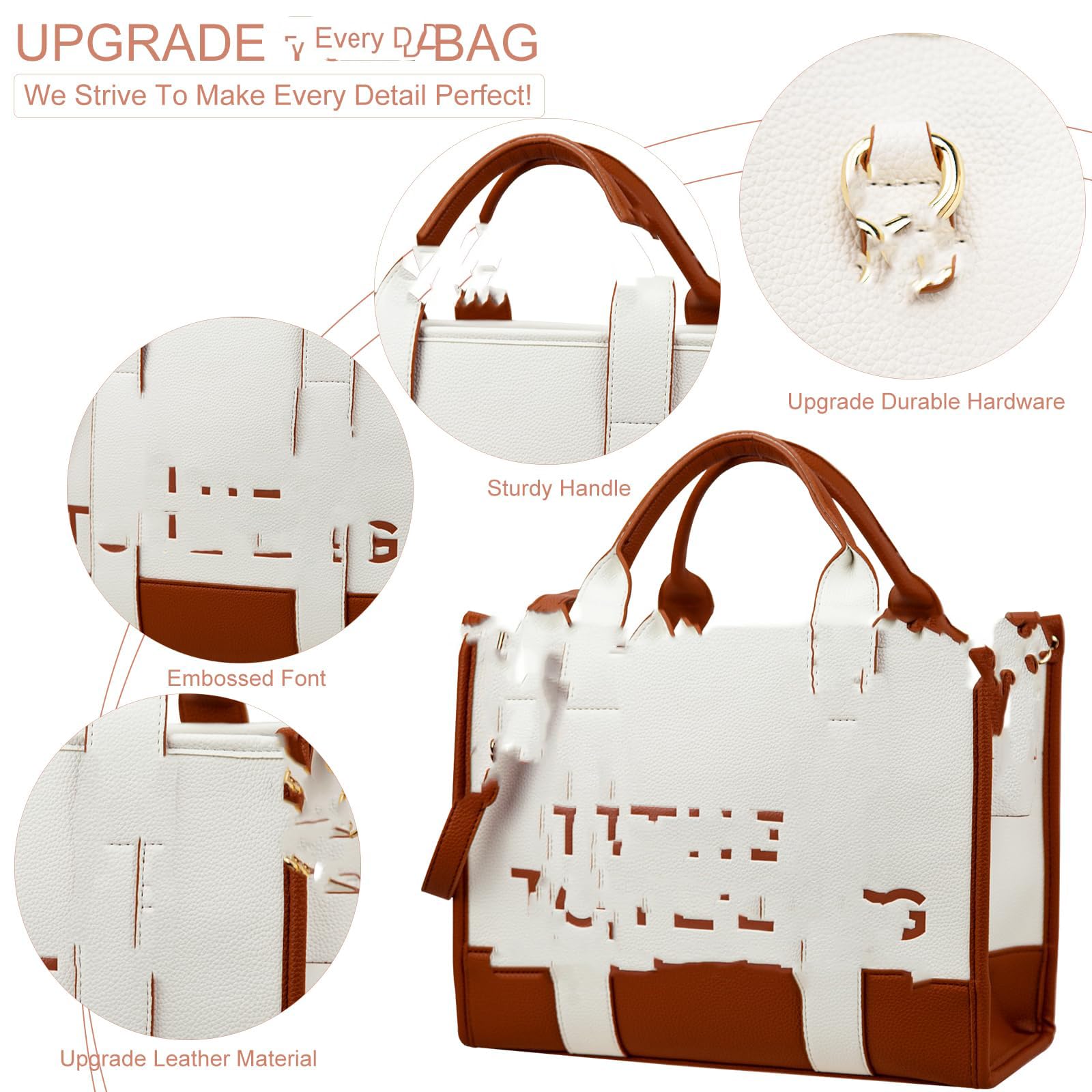 MUMEE Tote Bag For Women, The Leather Tote Bag with Zipper Shoulder Crossbody Handheld Bag for Work Office Travel (WhiteBrownA)