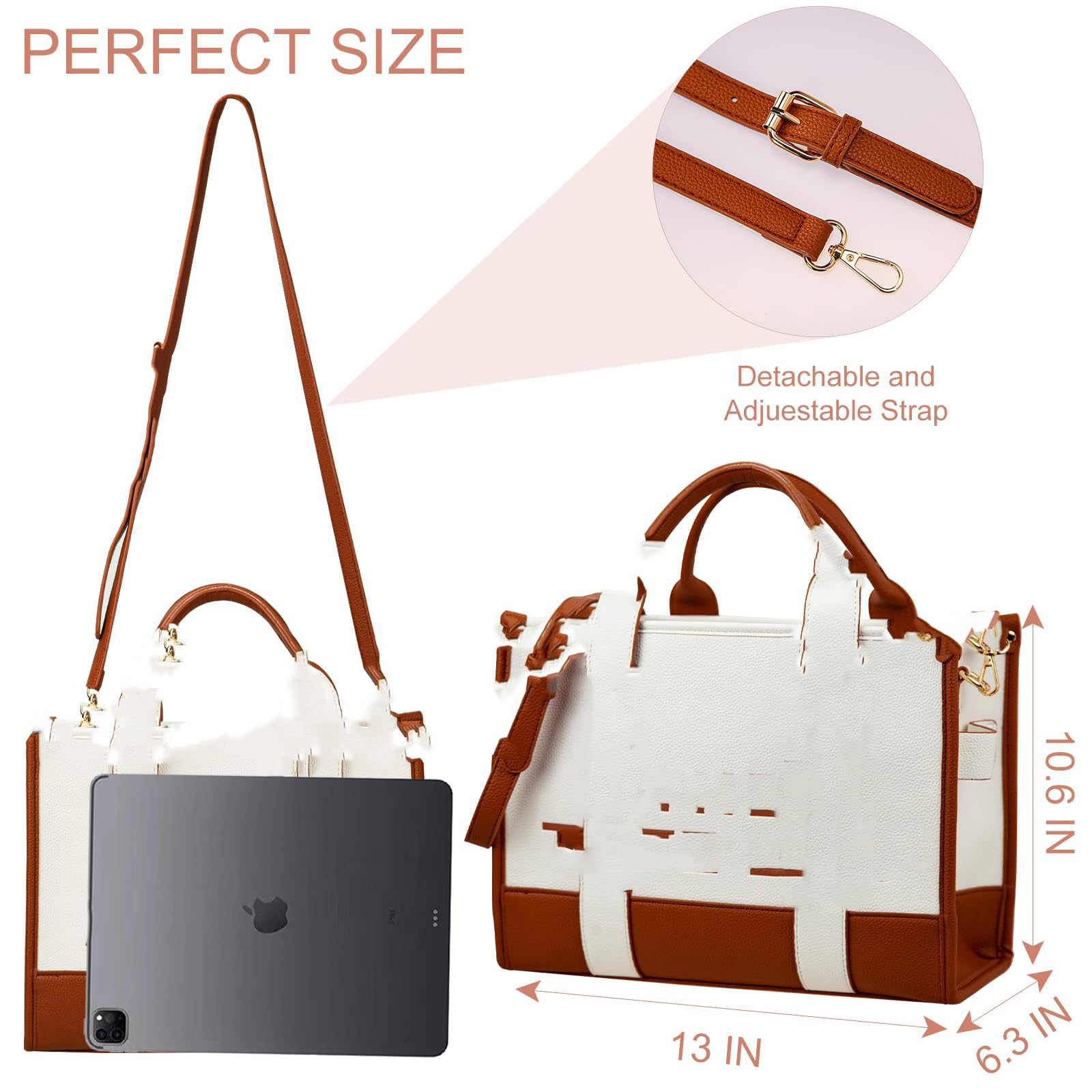 MUMEE Tote Bag For Women, The Leather Tote Bag with Zipper Shoulder Crossbody Handheld Bag for Work Office Travel (WhiteBrownA)