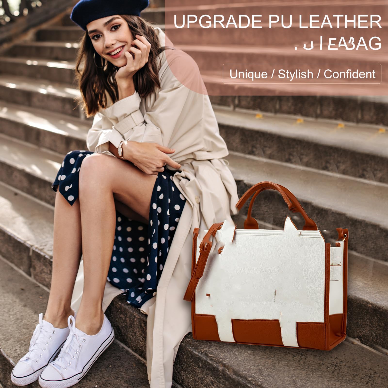 MUMEE Tote Bag For Women, The Leather Tote Bag with Zipper Shoulder Crossbody Handheld Bag for Work Office Travel (WhiteBrownA)