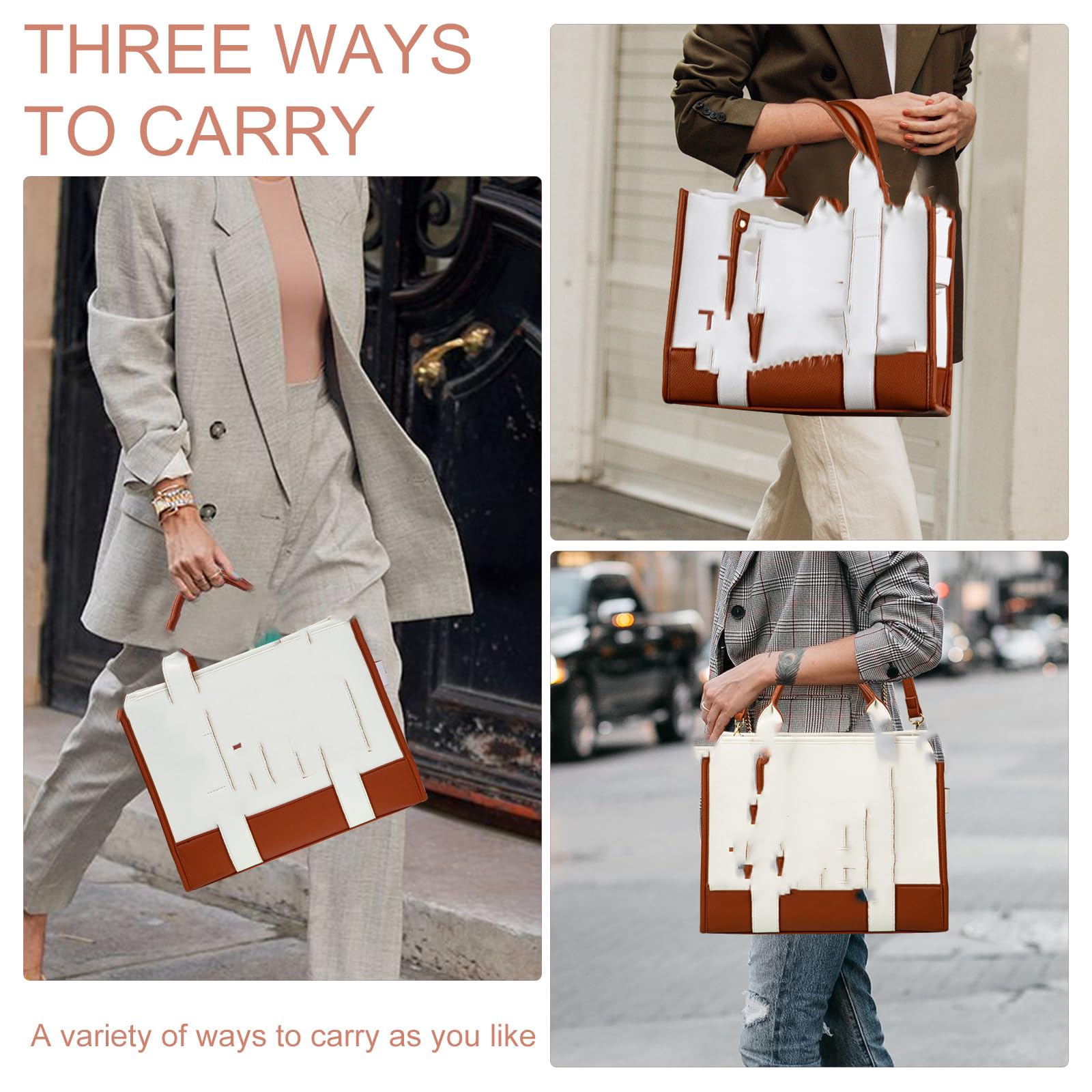 MUMEE Tote Bag For Women, The Leather Tote Bag with Zipper Shoulder Crossbody Handheld Bag for Work Office Travel (WhiteBrownA)