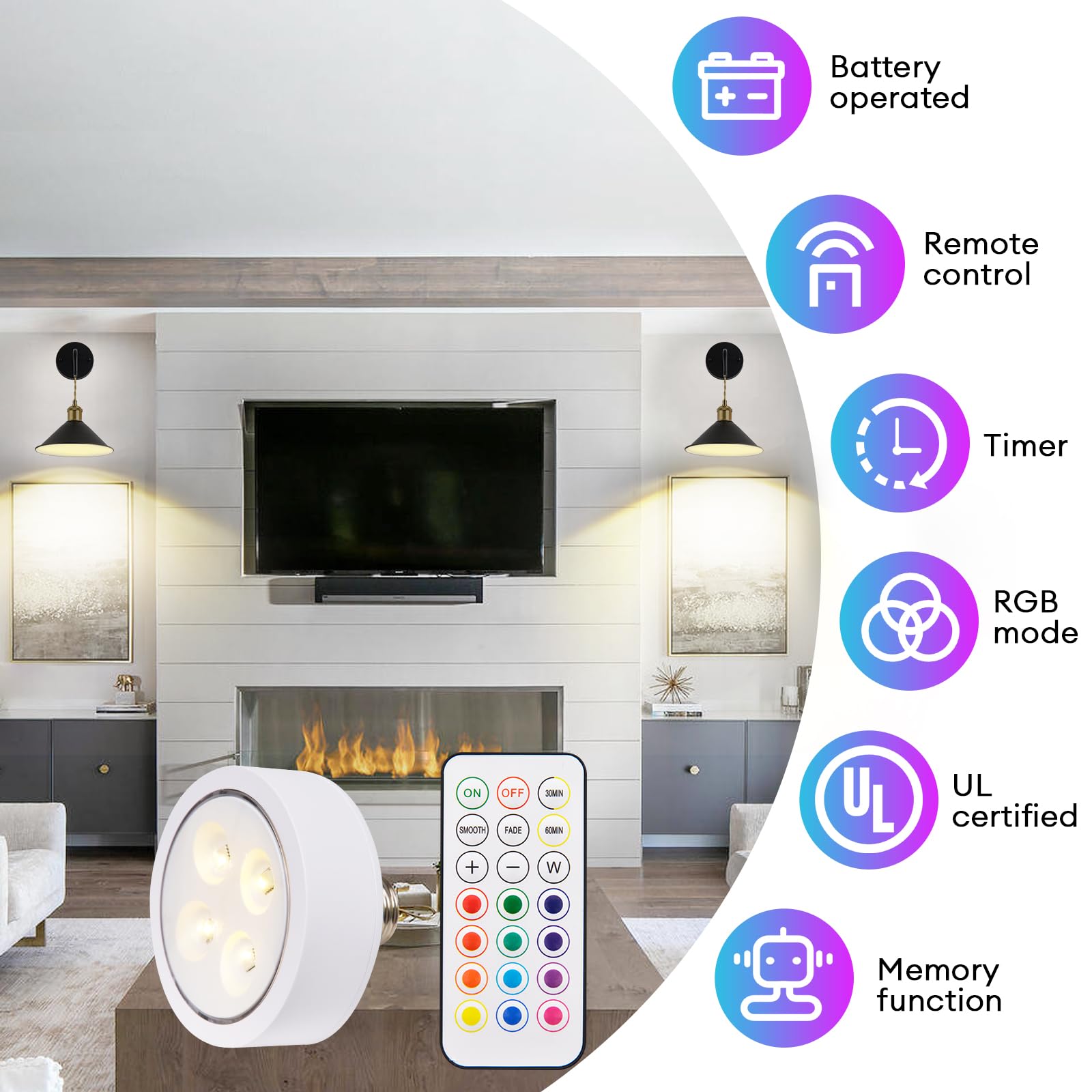 7PMBEANE Black Battery Operated Wall Sconce, Industrial Wall Sconce Set of 2, 13 RGB Cordless or Hardwired Wall Light Fixturewith Remote for Bedroom, Living Room, Hallway