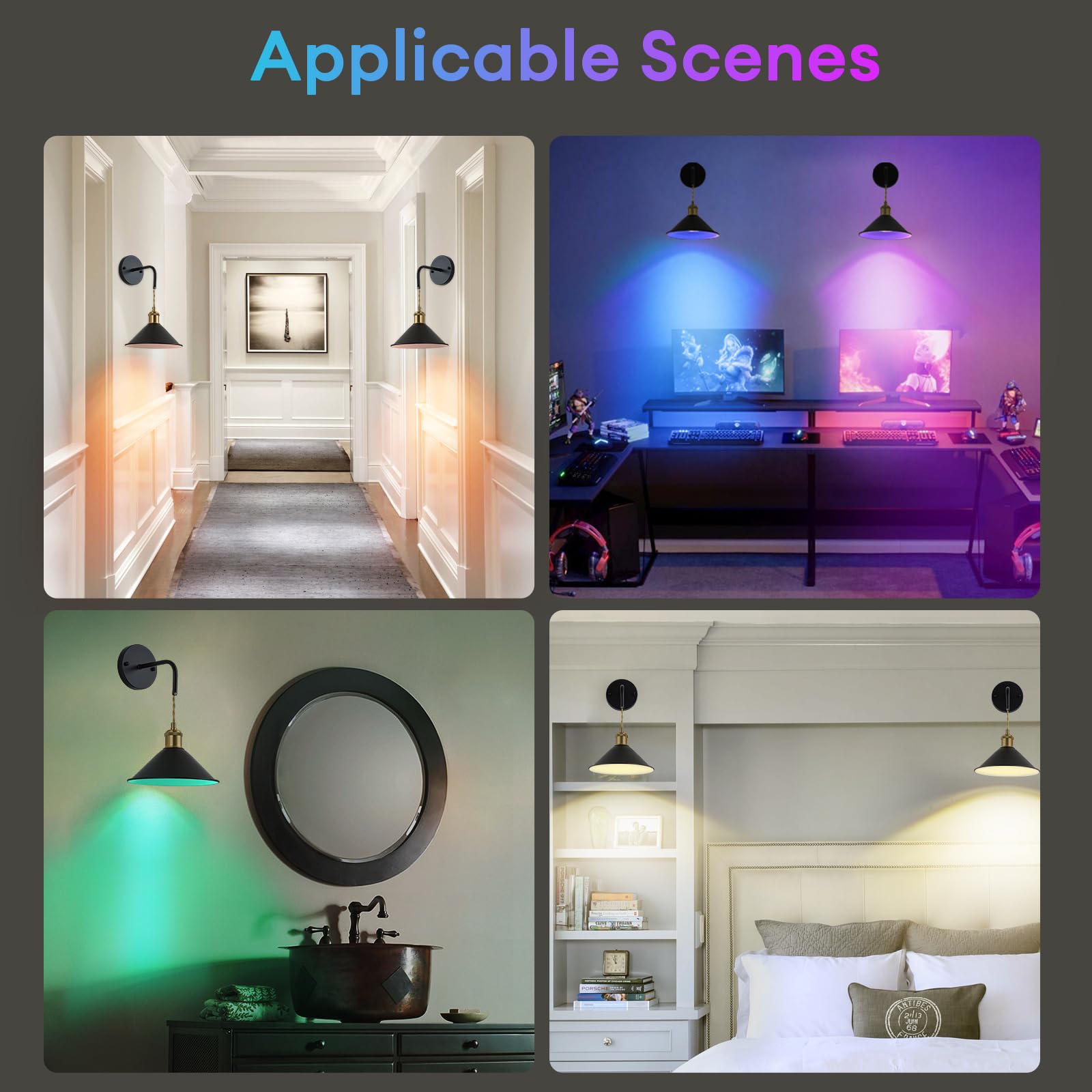 7PMBEANE Black Battery Operated Wall Sconce, Industrial Wall Sconce Set of 2, 13 RGB Cordless or Hardwired Wall Light Fixturewith Remote for Bedroom, Living Room, Hallway