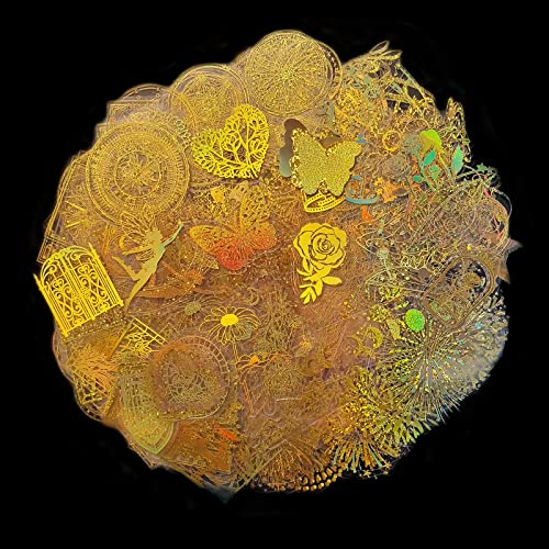 Japleed Golden Holographic Stickers(360 Piece), Glitter Shiny Scrapbooking Resin Stickers Vintage Decorative Decals Transparent PET Stickers for Scrapbook Junk Journal Planner DIY Craft Gift Wraps